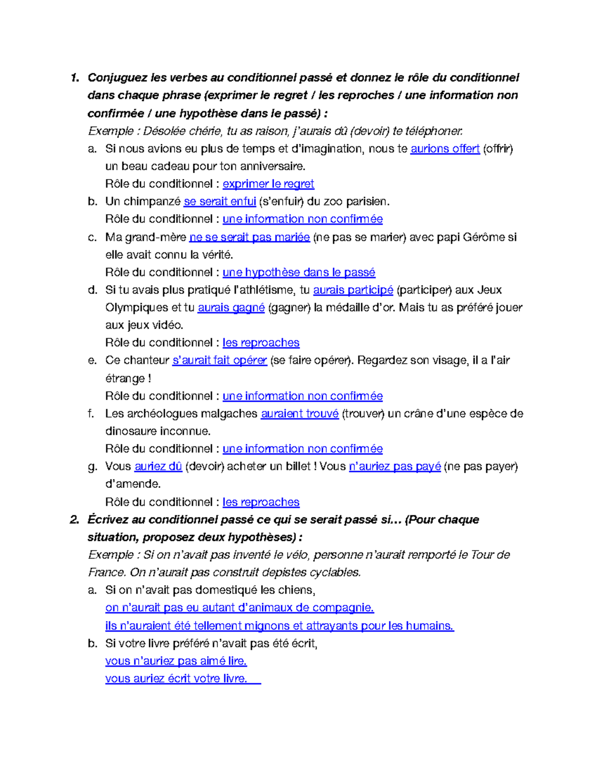 AP French Grammaire Ficher – Conditionnel Passe - 1. Conjuguez les ...