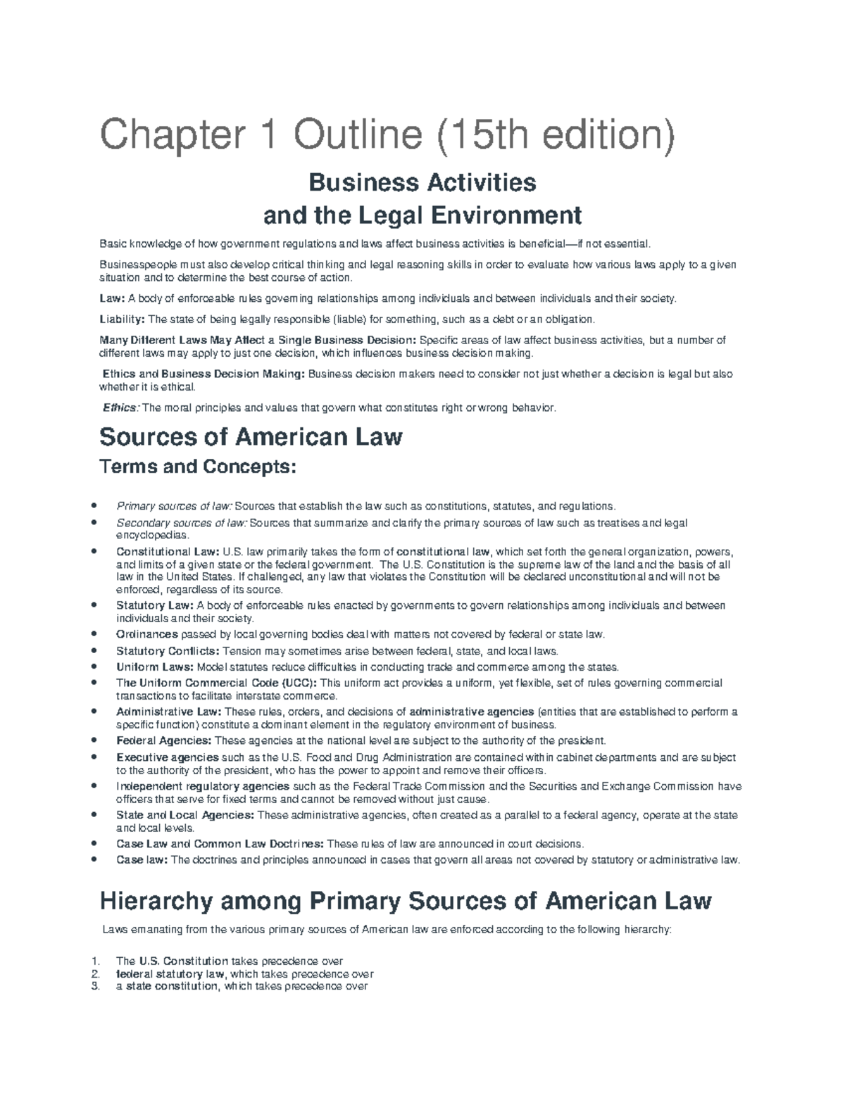 Study Chapter 1 Outline - Chapter 1 Outline (15th edition) Business ...