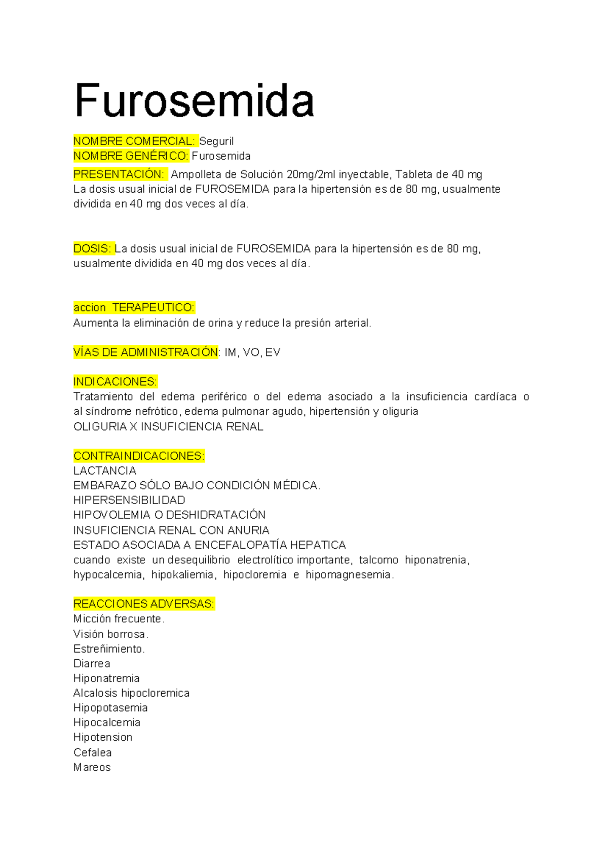Furosemida - Furosemida NOMBRE COMERCIAL: Seguril NOMBRE GENÉRICO ...