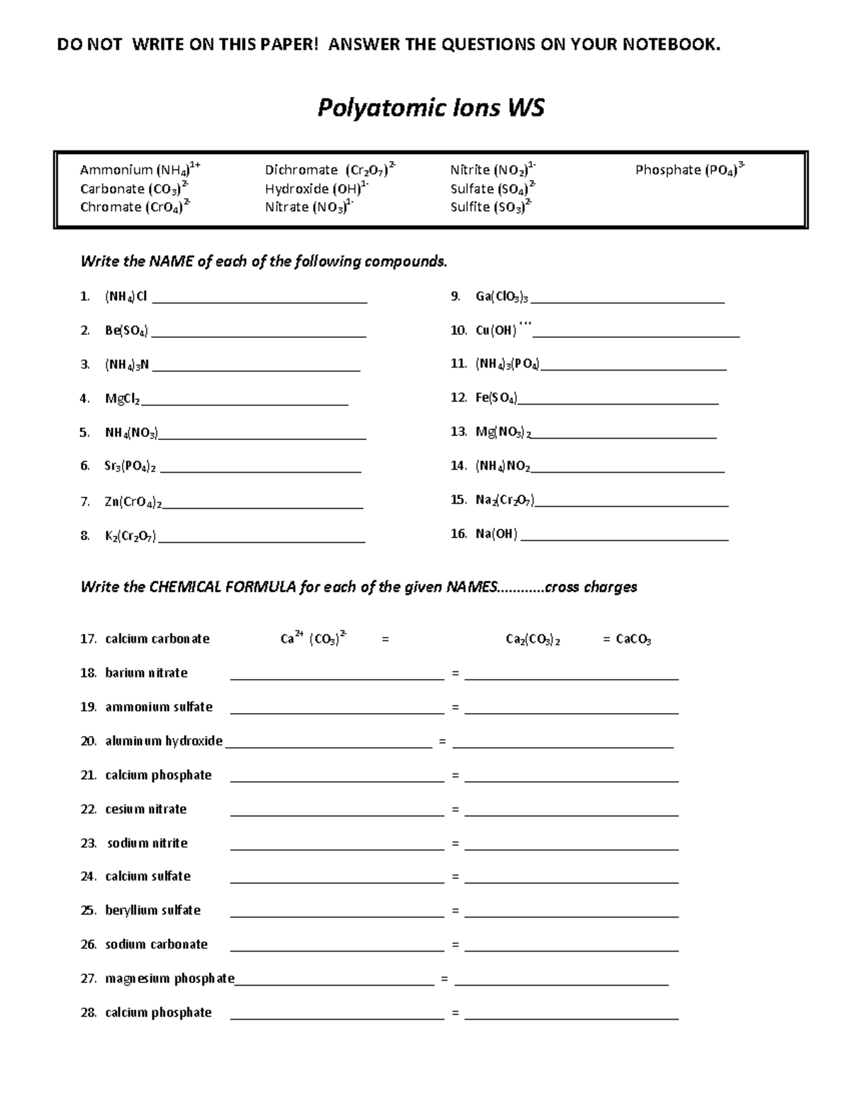 Polyatomic ions worksheet - Polyatomic Ions WS Ammonium (NH 4 ) 1 ...