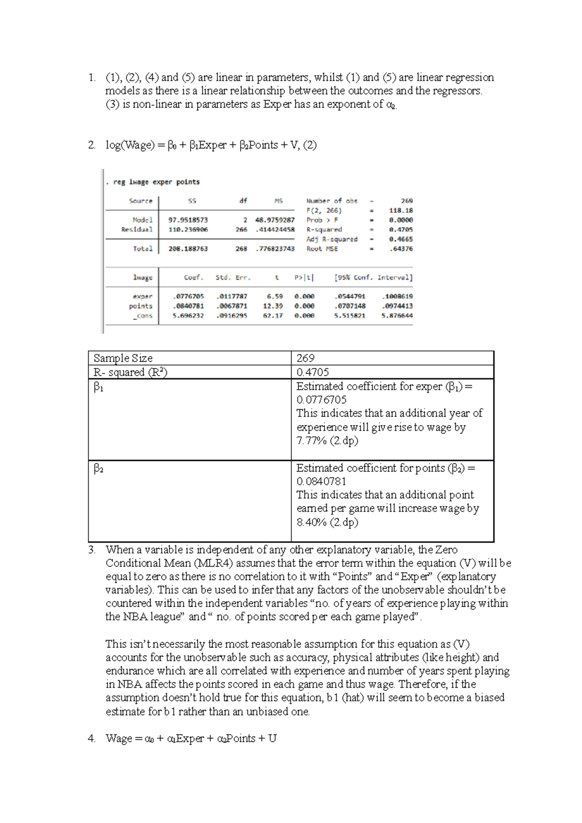 Econ2206 problem set 1 - (1), (2), (4) and (5) are linear in parameters, whilst (1) and (5) are ...