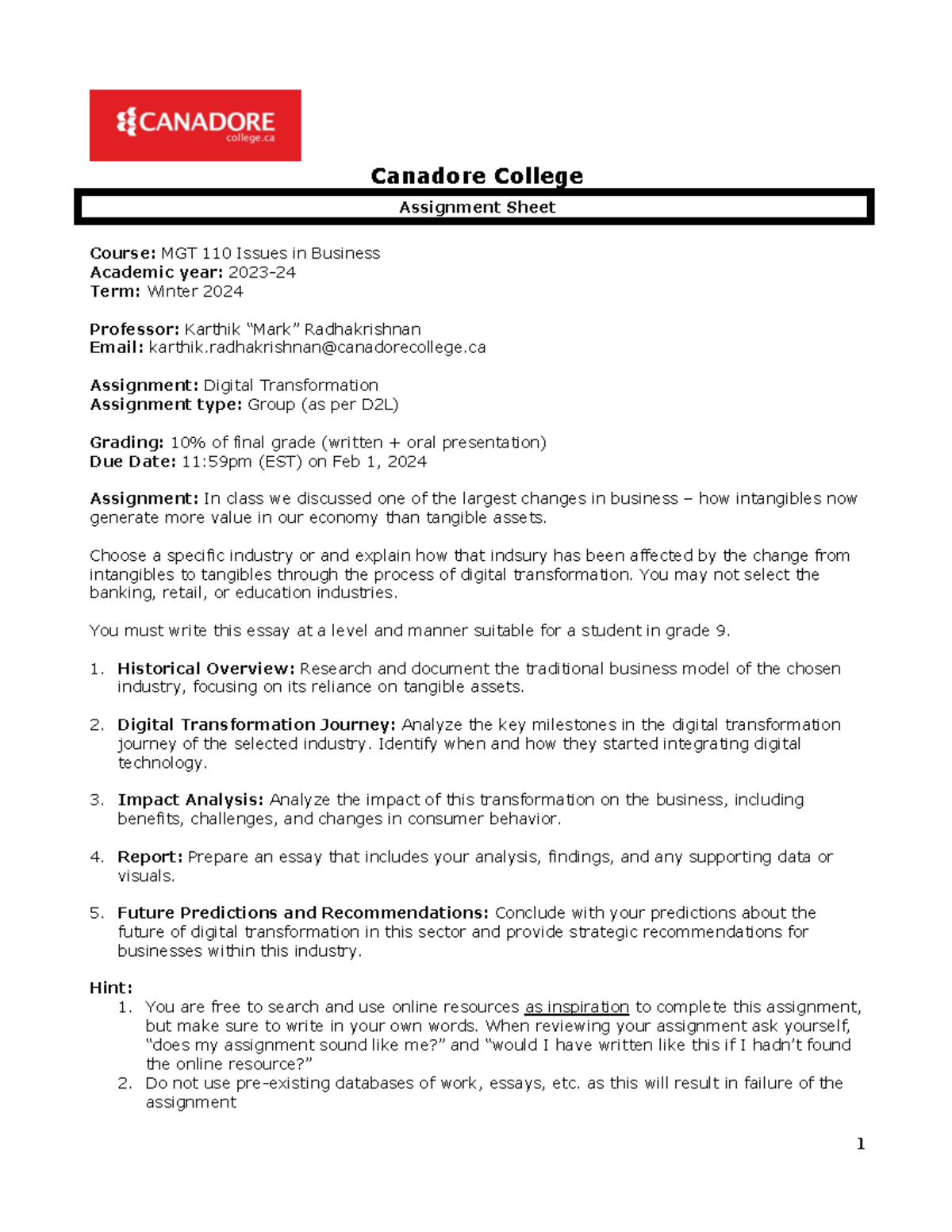 MGT110 - Digital Transformation - 1 Canadore College Assignment Sheet ...