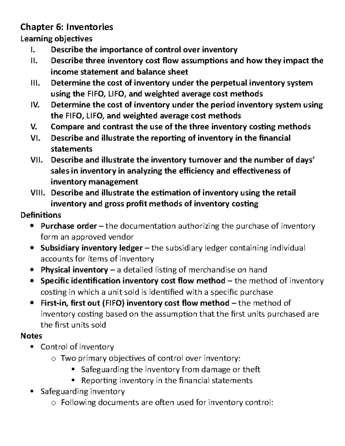 Chapter 6 notes - Chapter 6: Inventories Learning objectives I ...