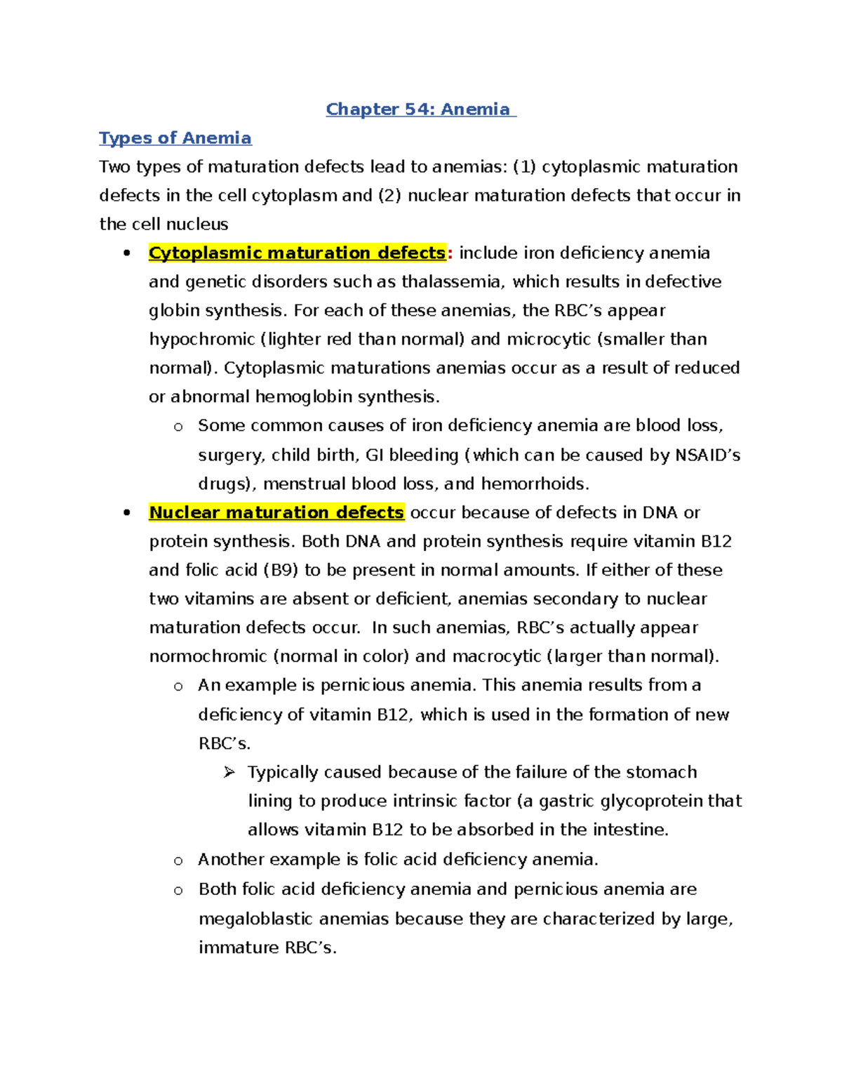 Chapter 54- Anemia - notes for exam 1 - Chapter 54: Anemia Types of ...
