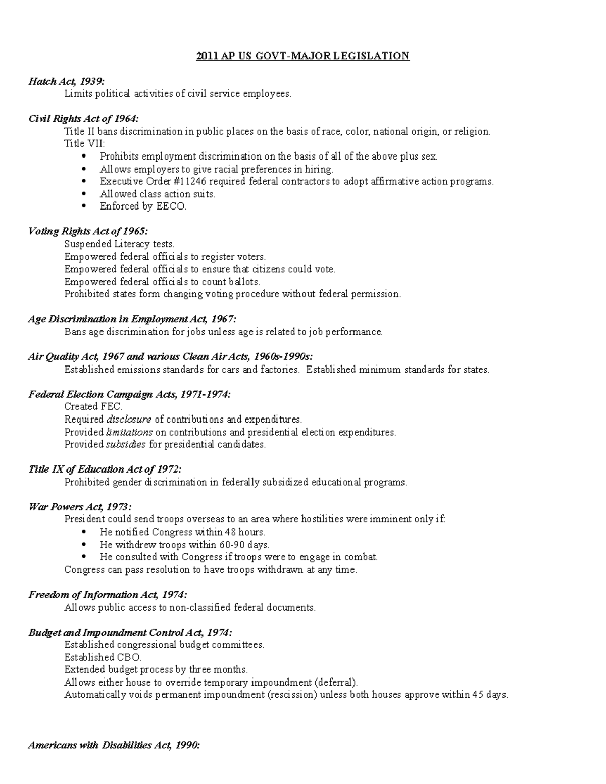 Key legislation - Summary State Government and Politics - 2011 AP US ...
