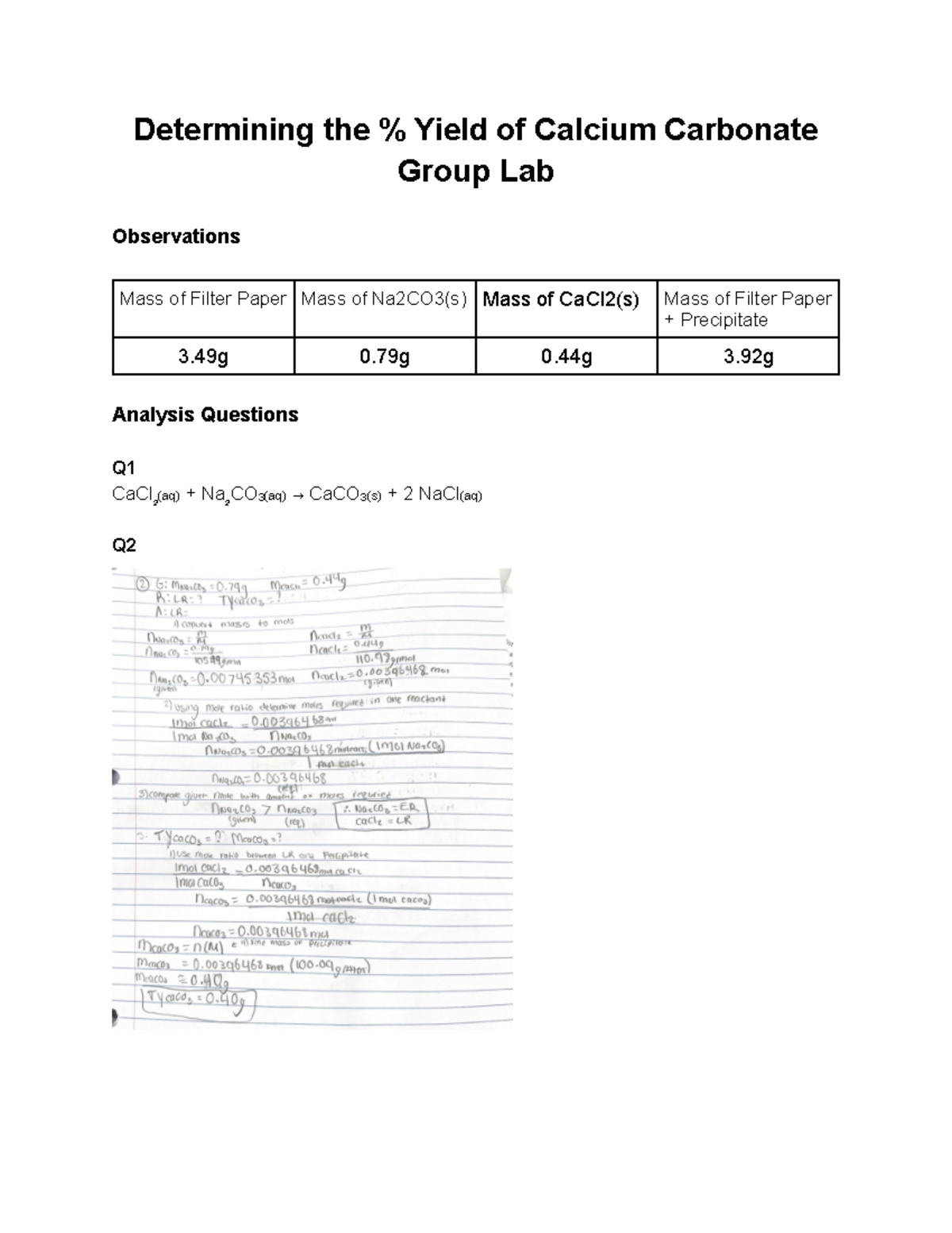 Determining the % Yield of Calcium Carbonate Group Lab - Determining ...