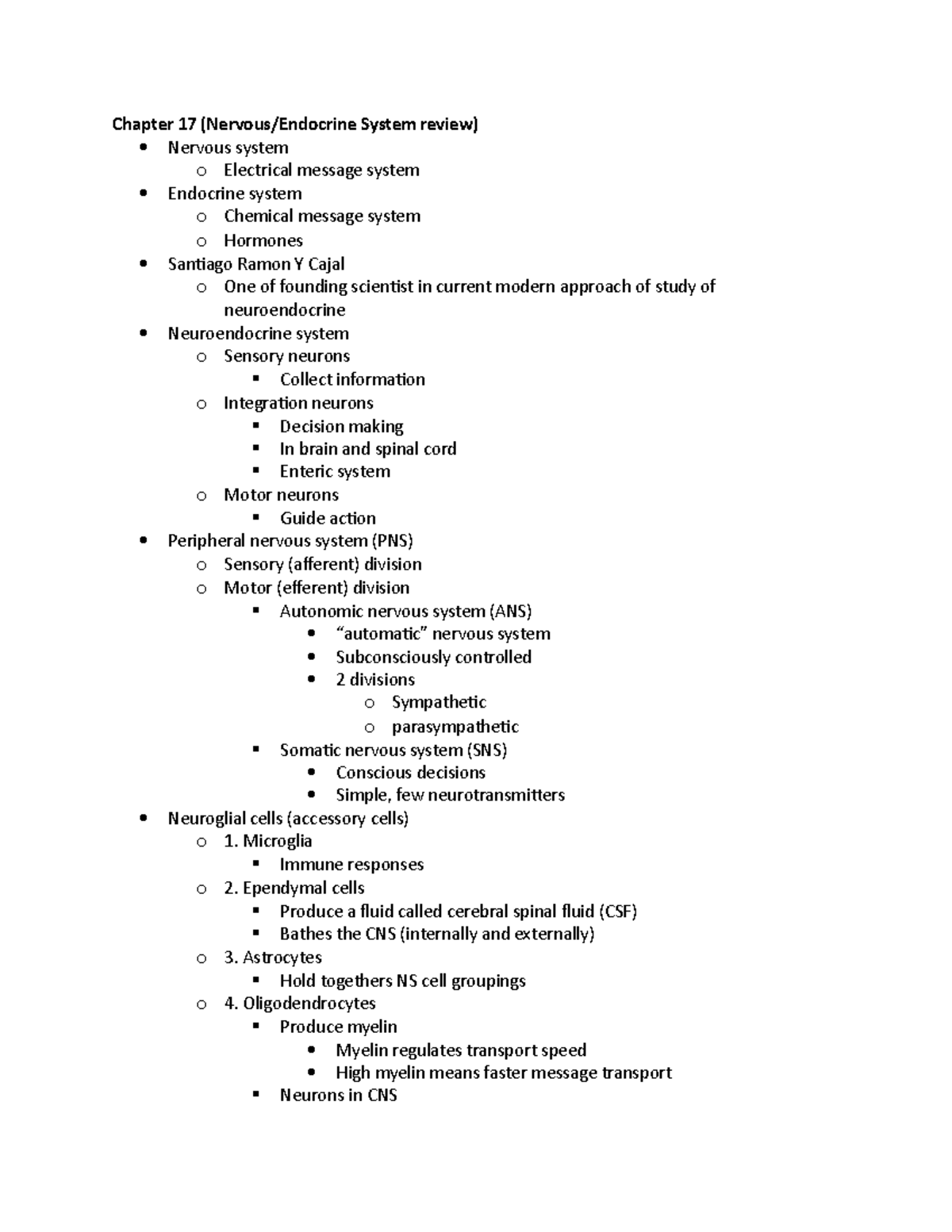 Anat exam 1 notes - Chapter 17 (Nervous/Endocrine System review ...