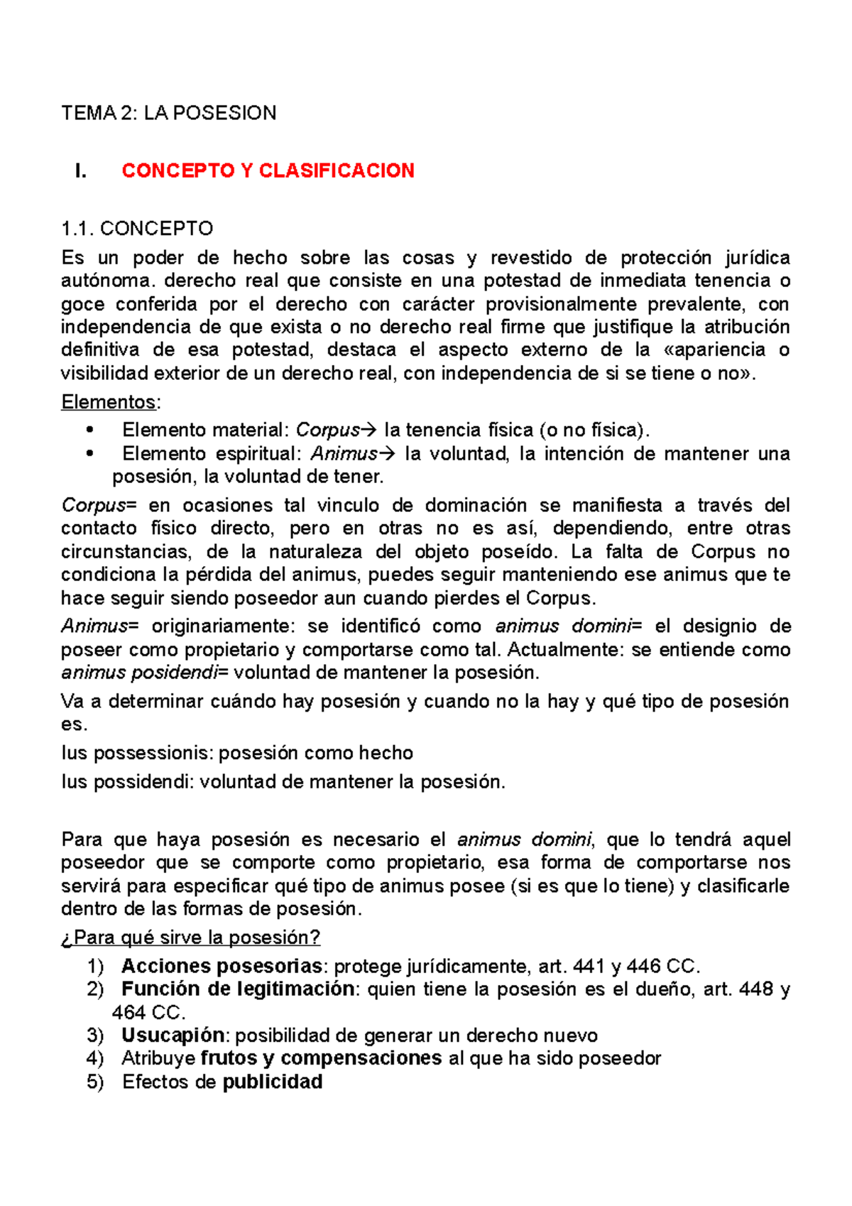Tema 2 - tema 2 - TEMA 2: LA POSESION I. CONCEPTO Y CLASIFICACION 1 ...
