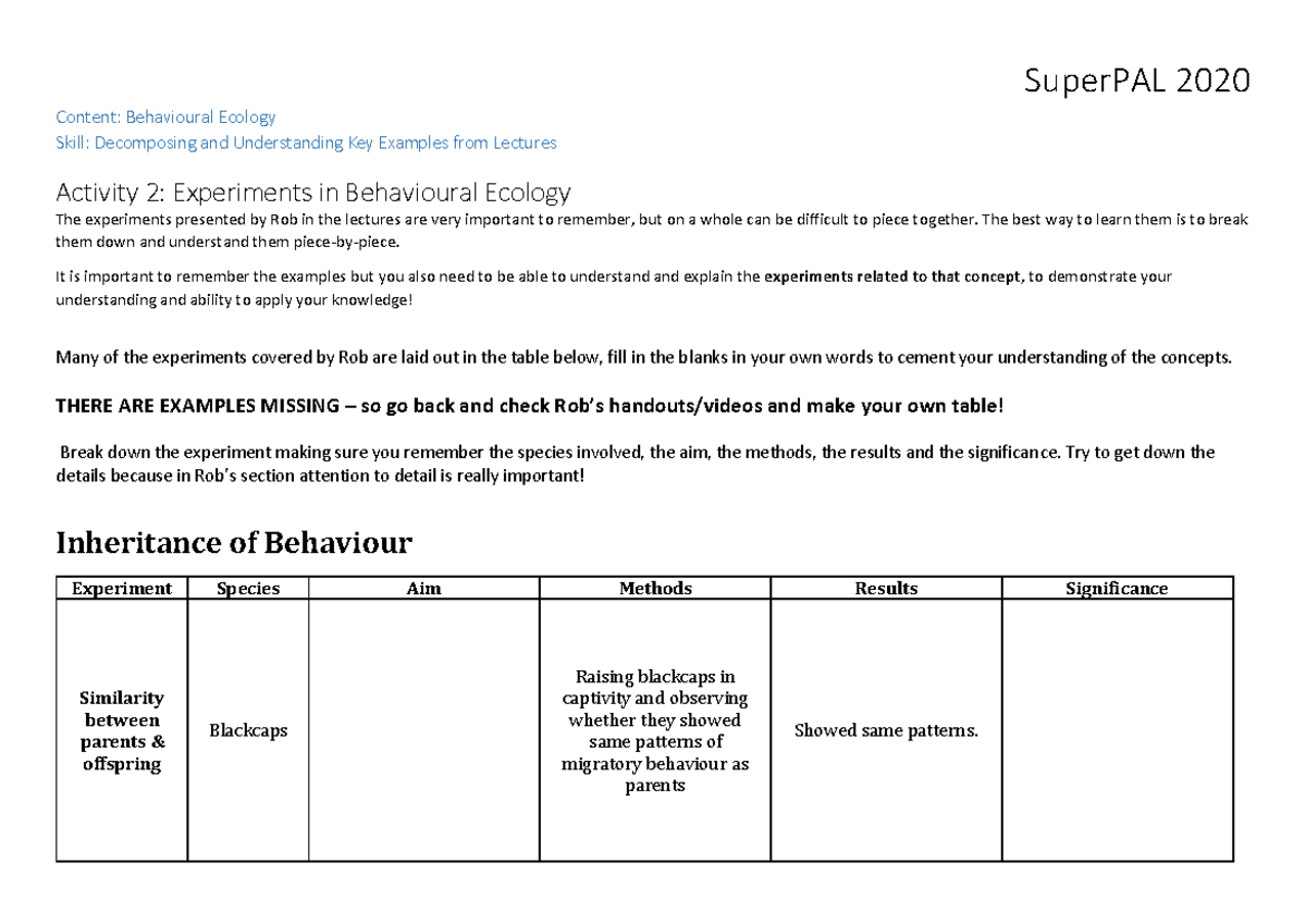 Activity 2 - Behavioural Ecology Experiments Exercise with table ...