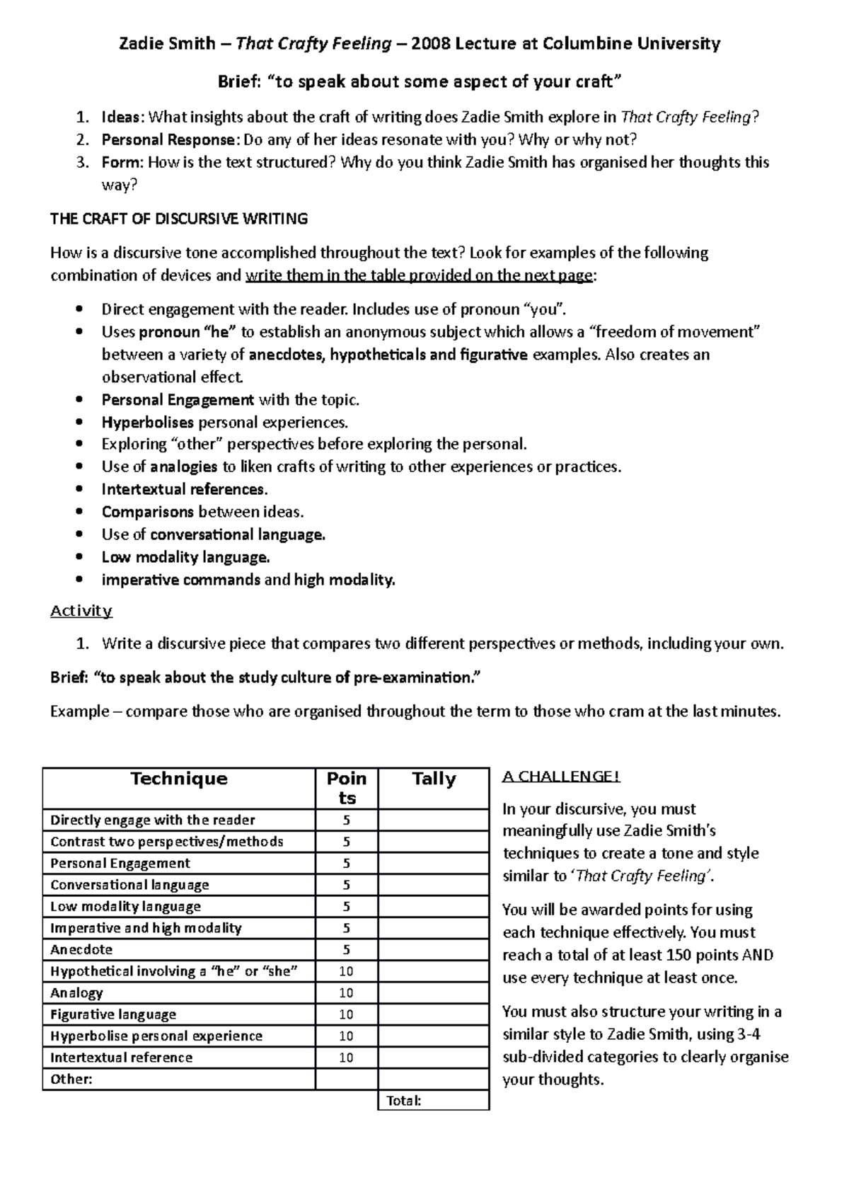 4. Zadie Smith Writing Activity - Zadie Smith – That Crafty Feeling ...