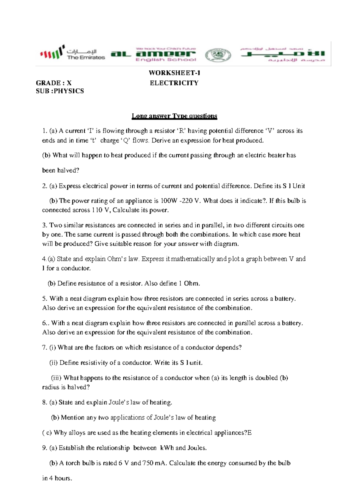 Phy electricity worksheet - Physics class 10 - Studocu