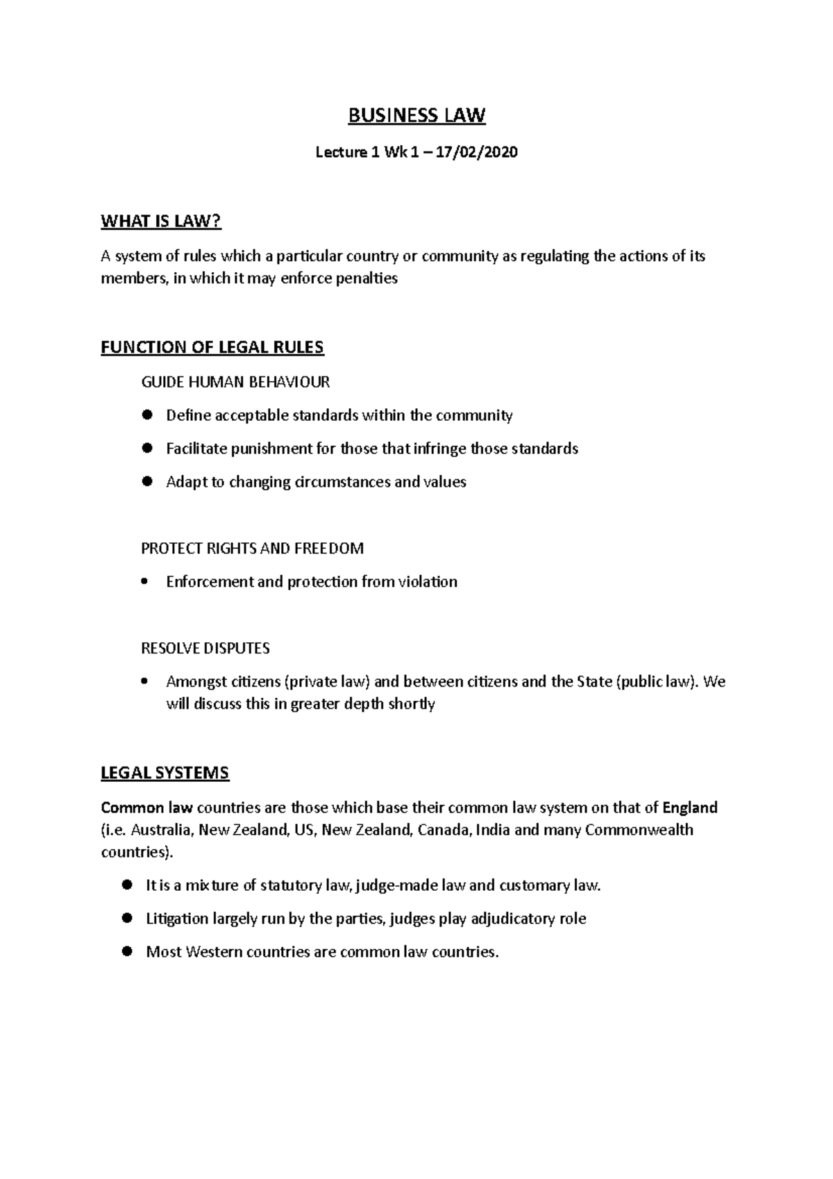 Business Law Notes - Lecture 1 - BUSINESS LAW Lecture 1 Wk 1 – 17/02 ...