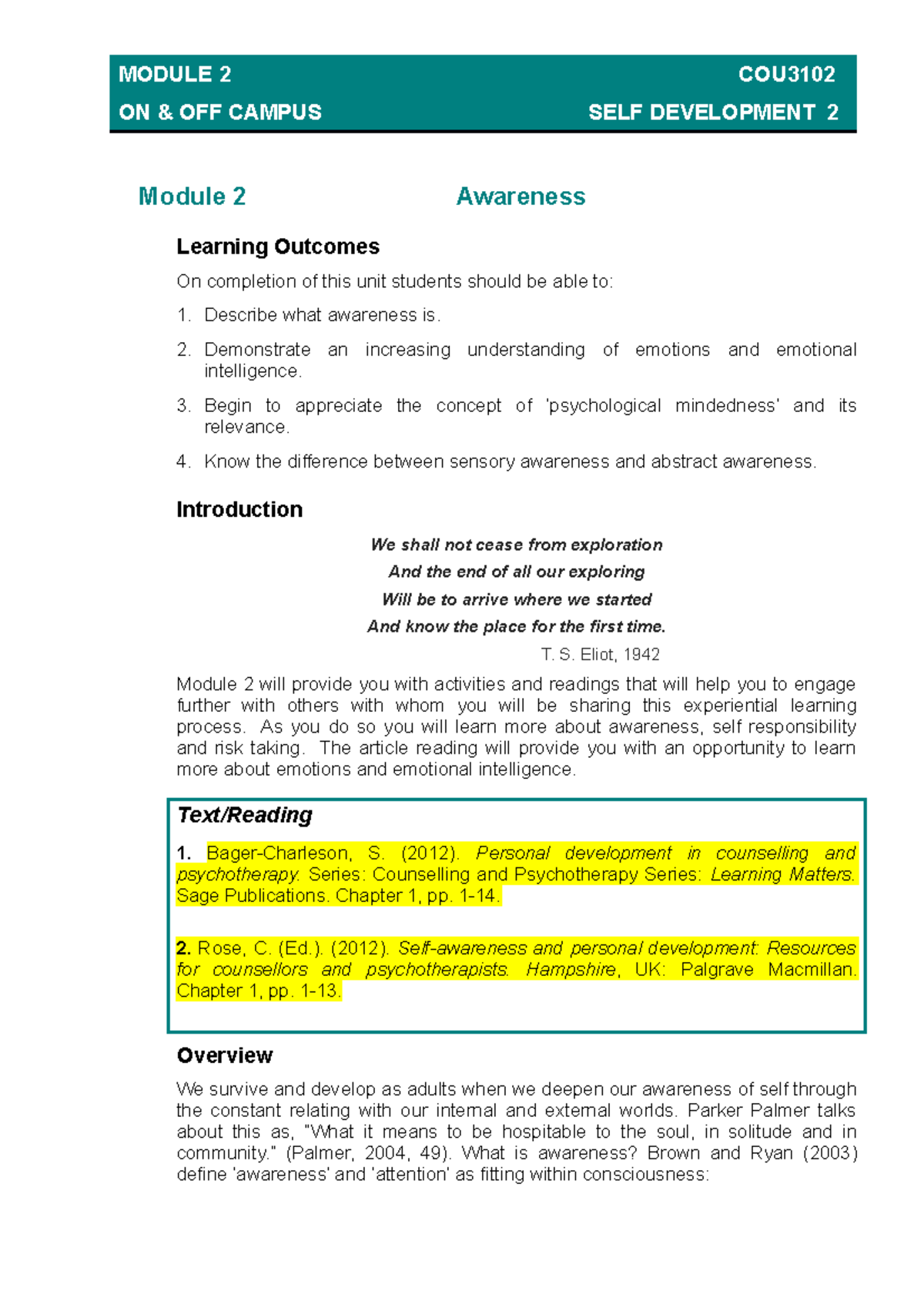 COU3102 Self Development 2 Module 2 - MODULE 2 COU ON & OFF CAMPUS SELF ...