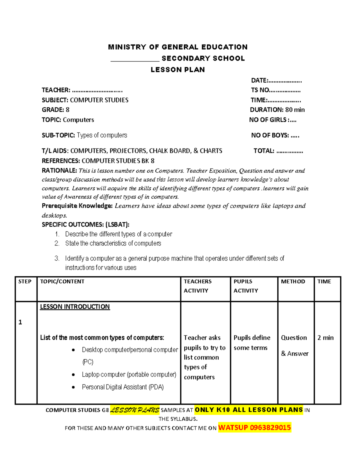 Lesson Plans Computer Studies G8 Samples - COMPUTER STUDIES G8 LESSON ...