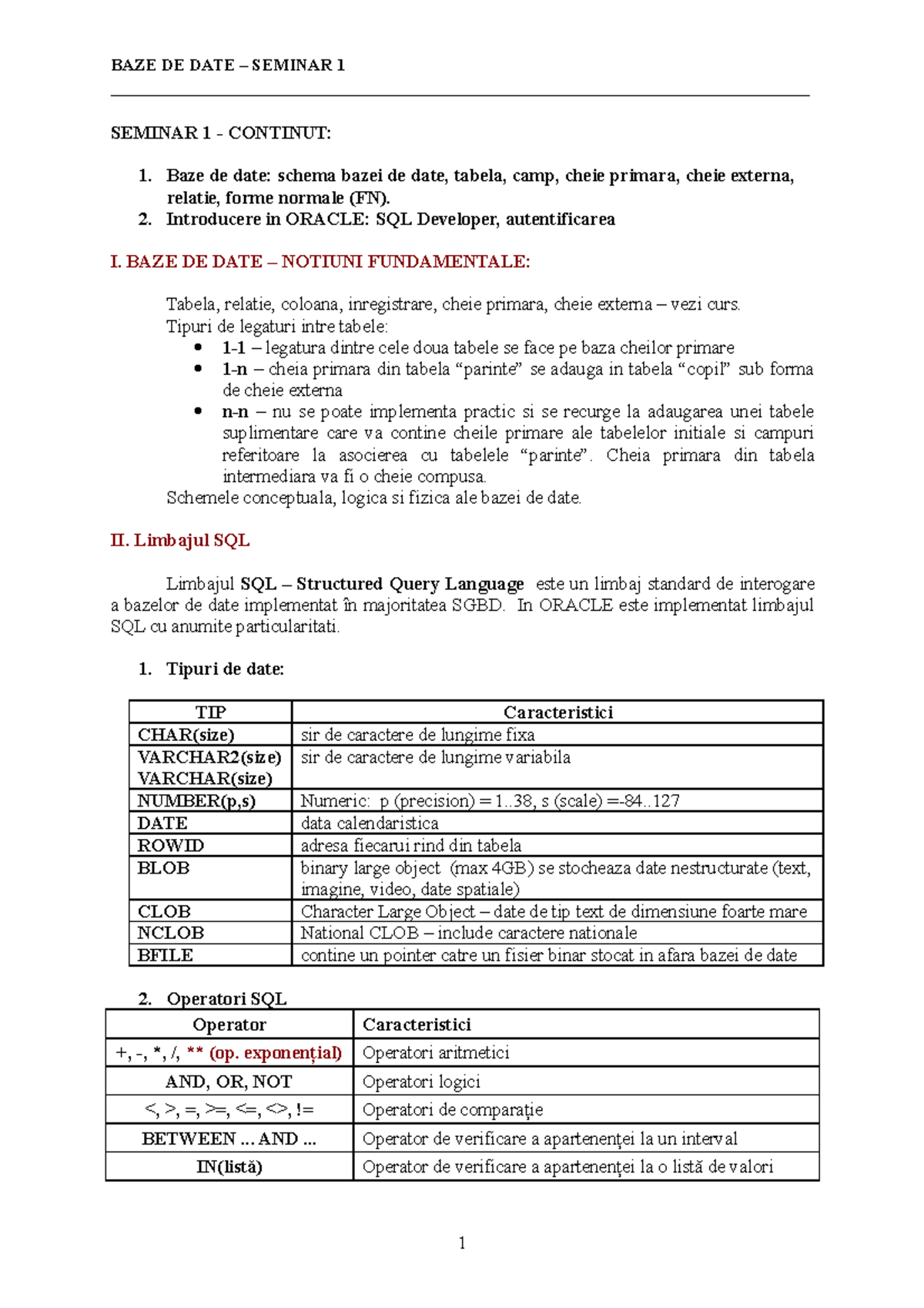 Seminar 1 - BAZE DE DATE – SEMINAR 1 SEMINAR 1 - CONTINUT: Baze de date: schema bazei de date ...