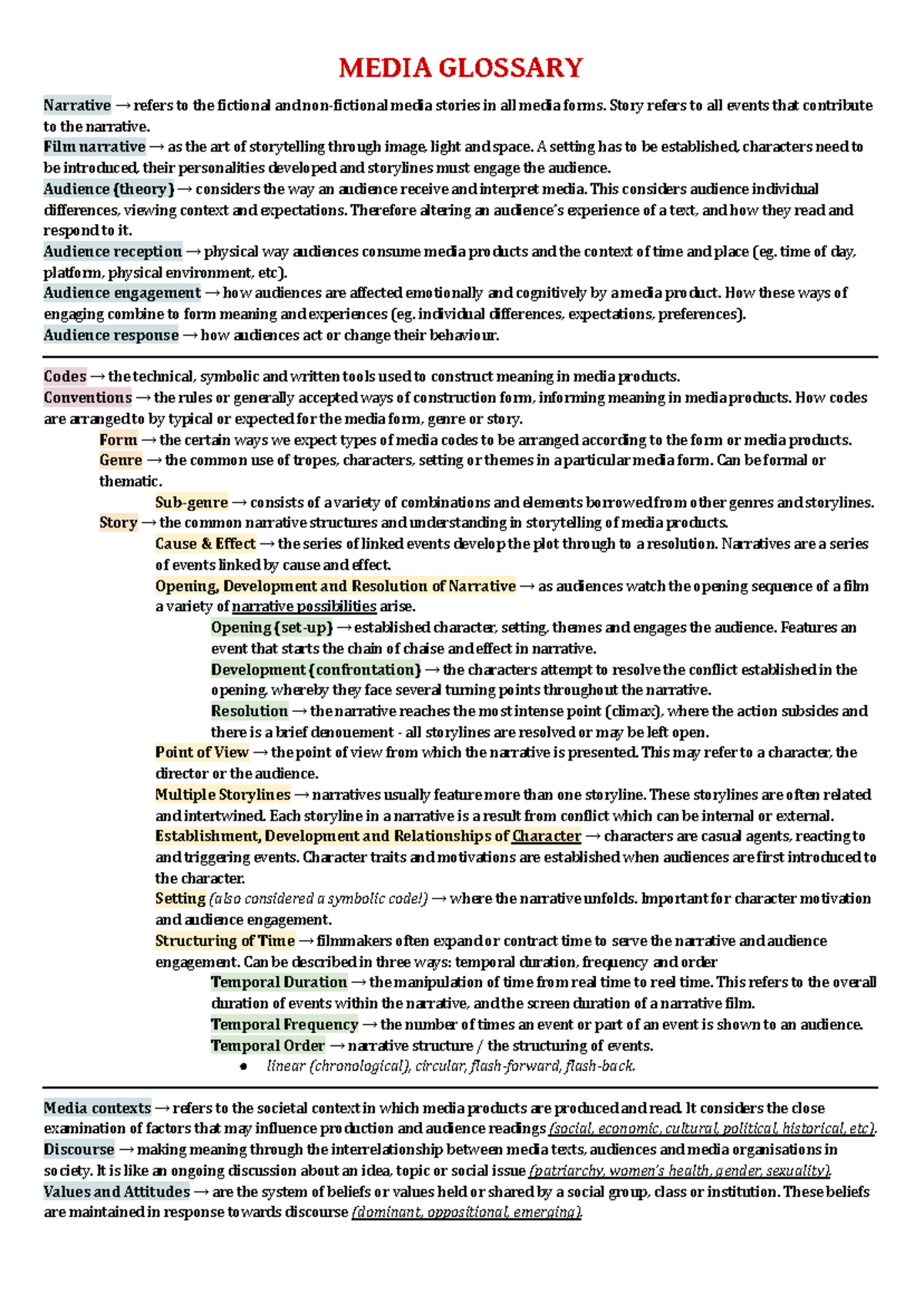 Media 3/4 Glossary - MEDIA GLOSSARY Narrative → refers to the fictional ...