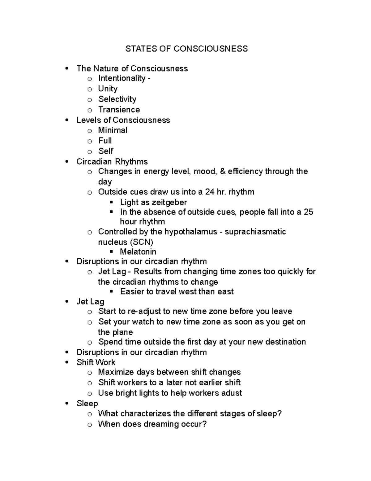 Sleep Social key term summary - STATES OF CONSCIOUSNESS The Nature of ...