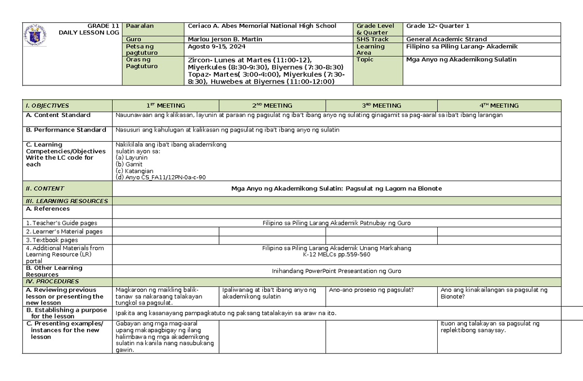 DLL Week 1 FPL Anyo ng Akademikong Pagsulat - GRADE 11 DAILY LESSON LOG ...