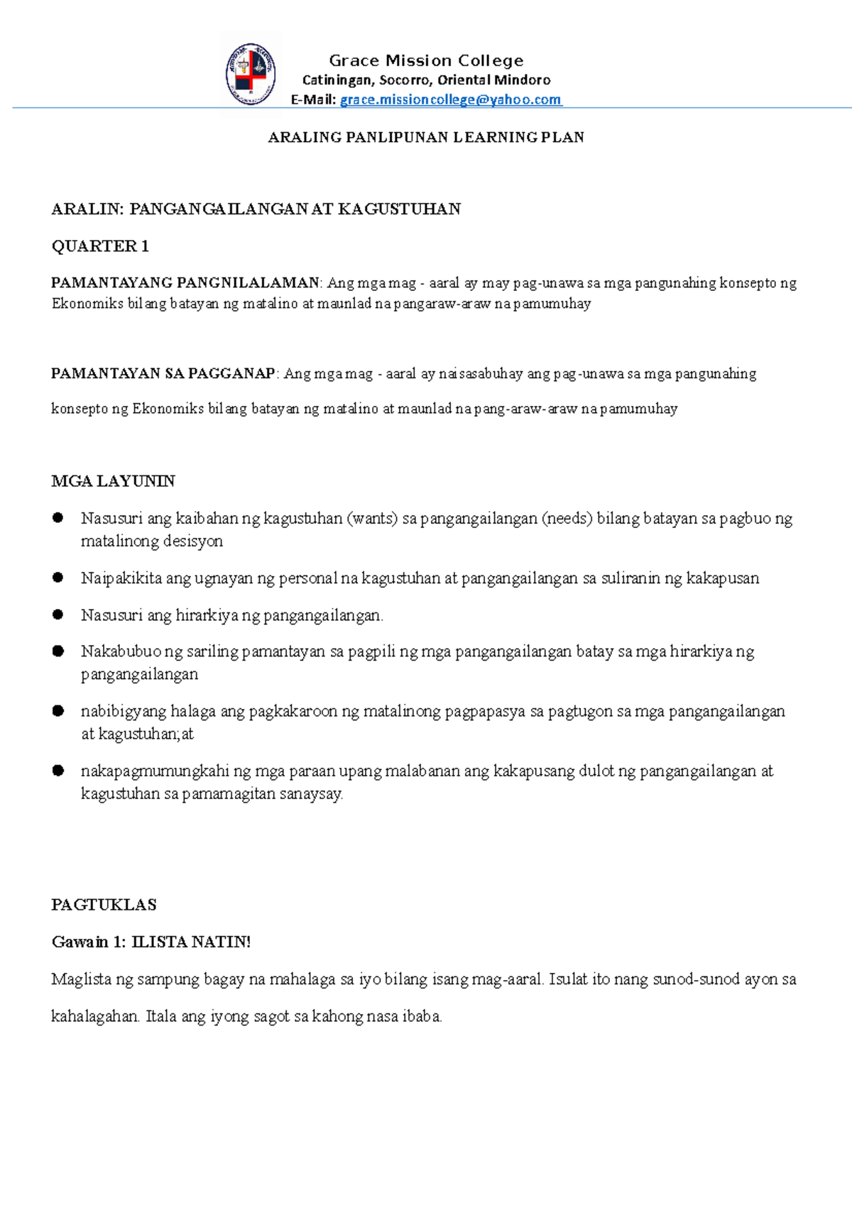 AP Learning PLAN Q1 - informative - Grace Mission College Catiningan, Socorro, Oriental Mindoro ...