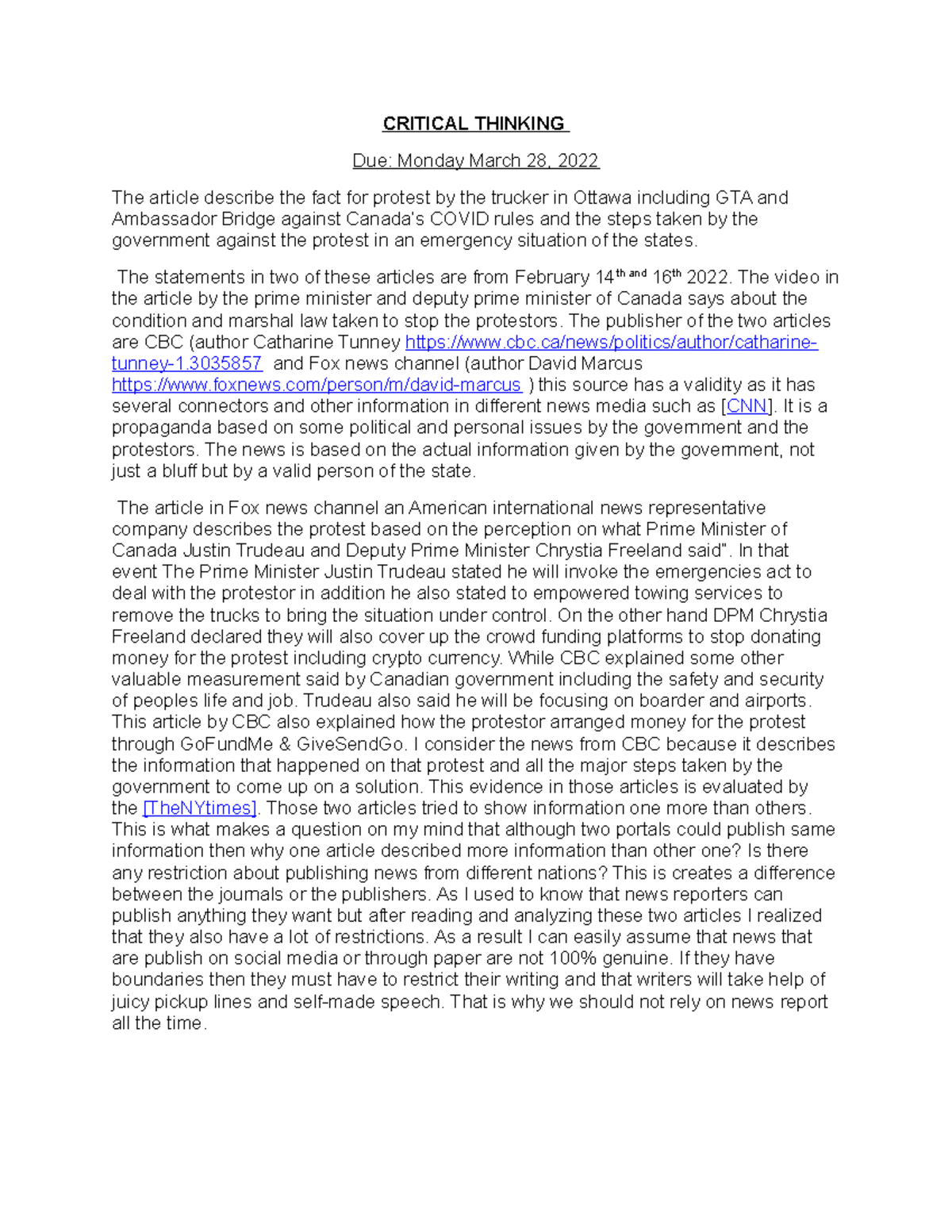 Critical Thinking - tutorial work - CRITICAL THINKING Due: Monday March 28, 2022 The article ...
