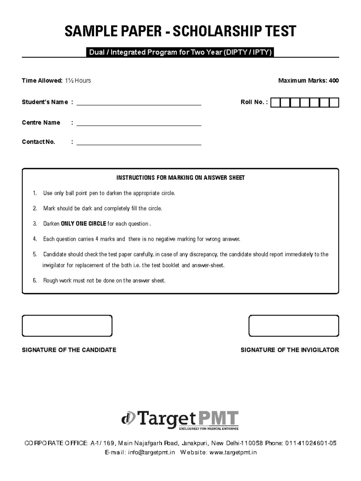 Sample paper (XI appearing) - SAMPLE PAPER - SCHOLARSHIP TEST Dual ...
