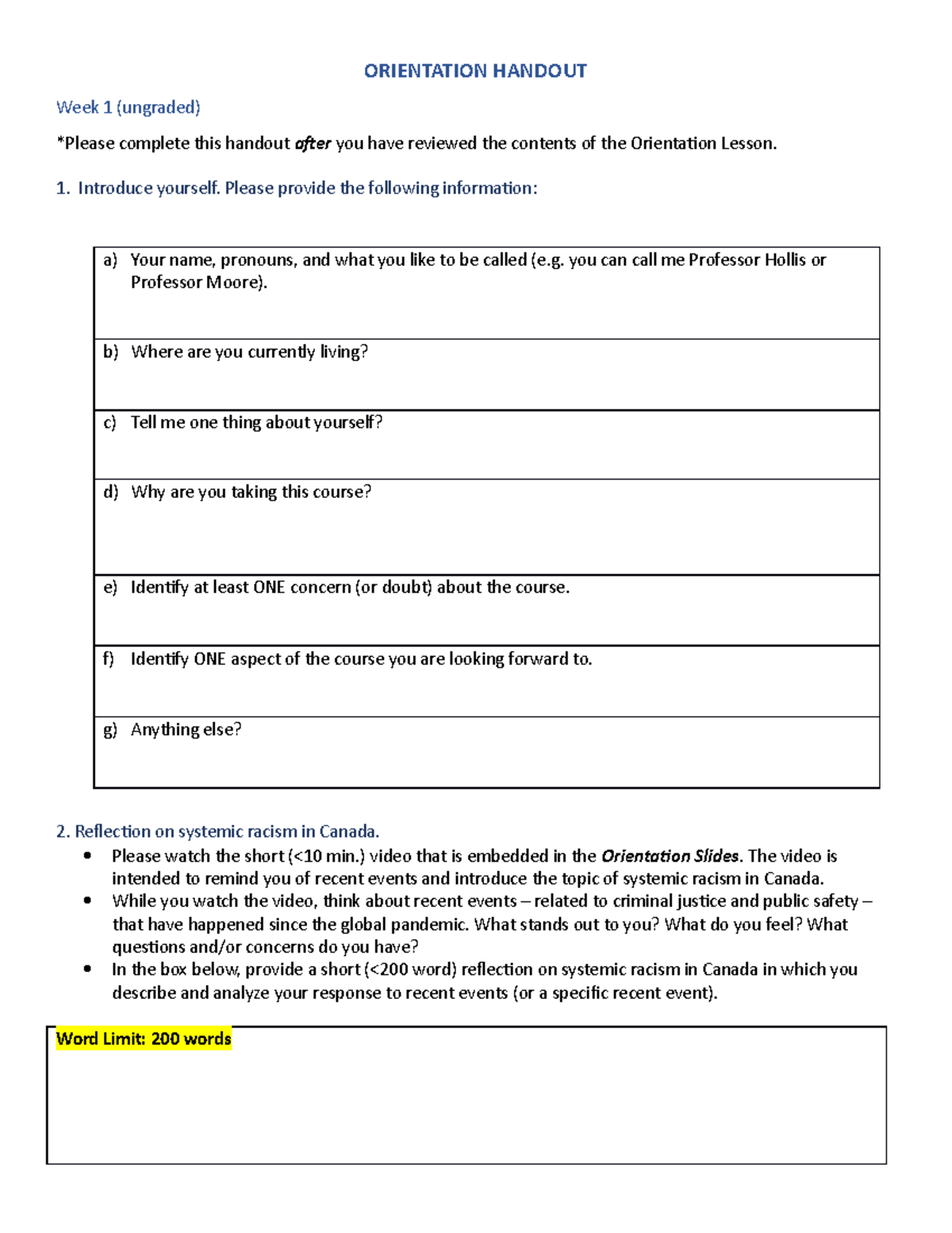 W1 Orientation Handout Fall 2021 - ORIENTATION HANDOUT Week 1 (ungraded ...