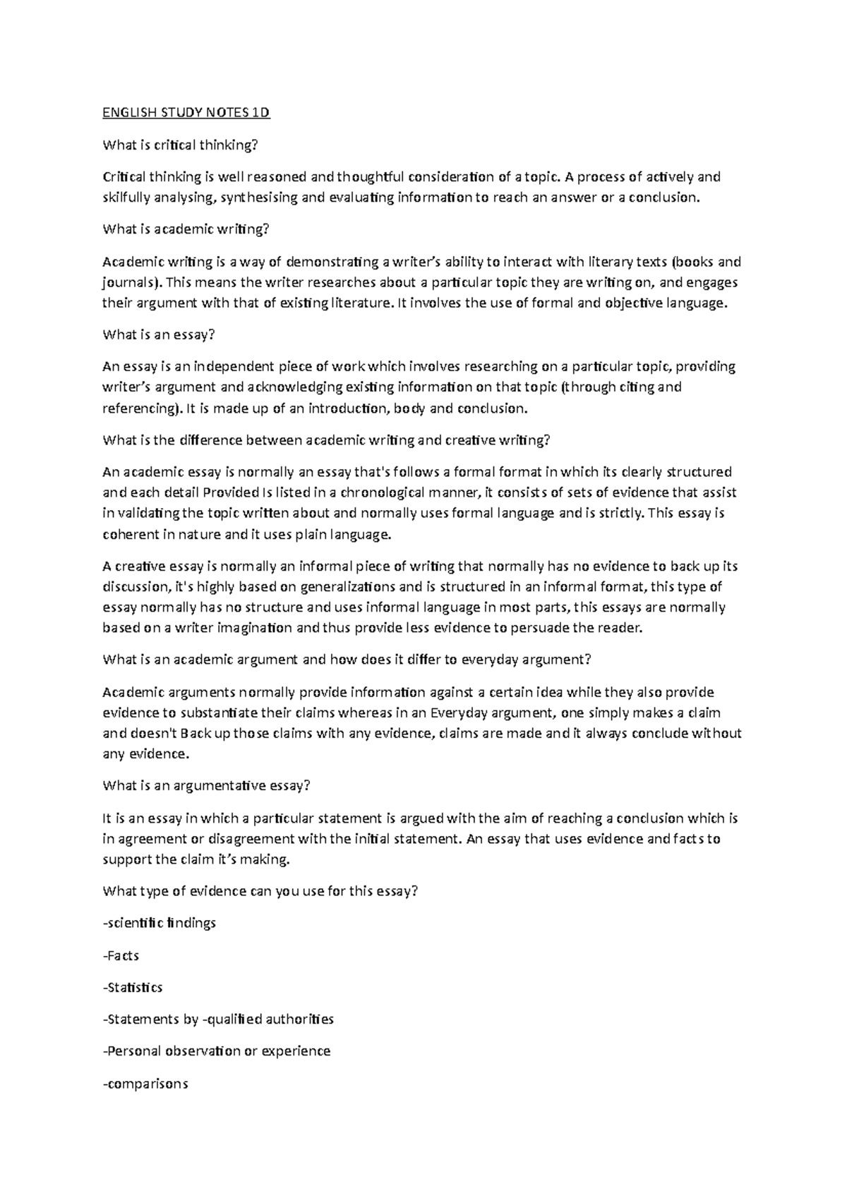 Argumentative Essay Notes - ENGLISH STUDY NOTES 1D What is critical ...