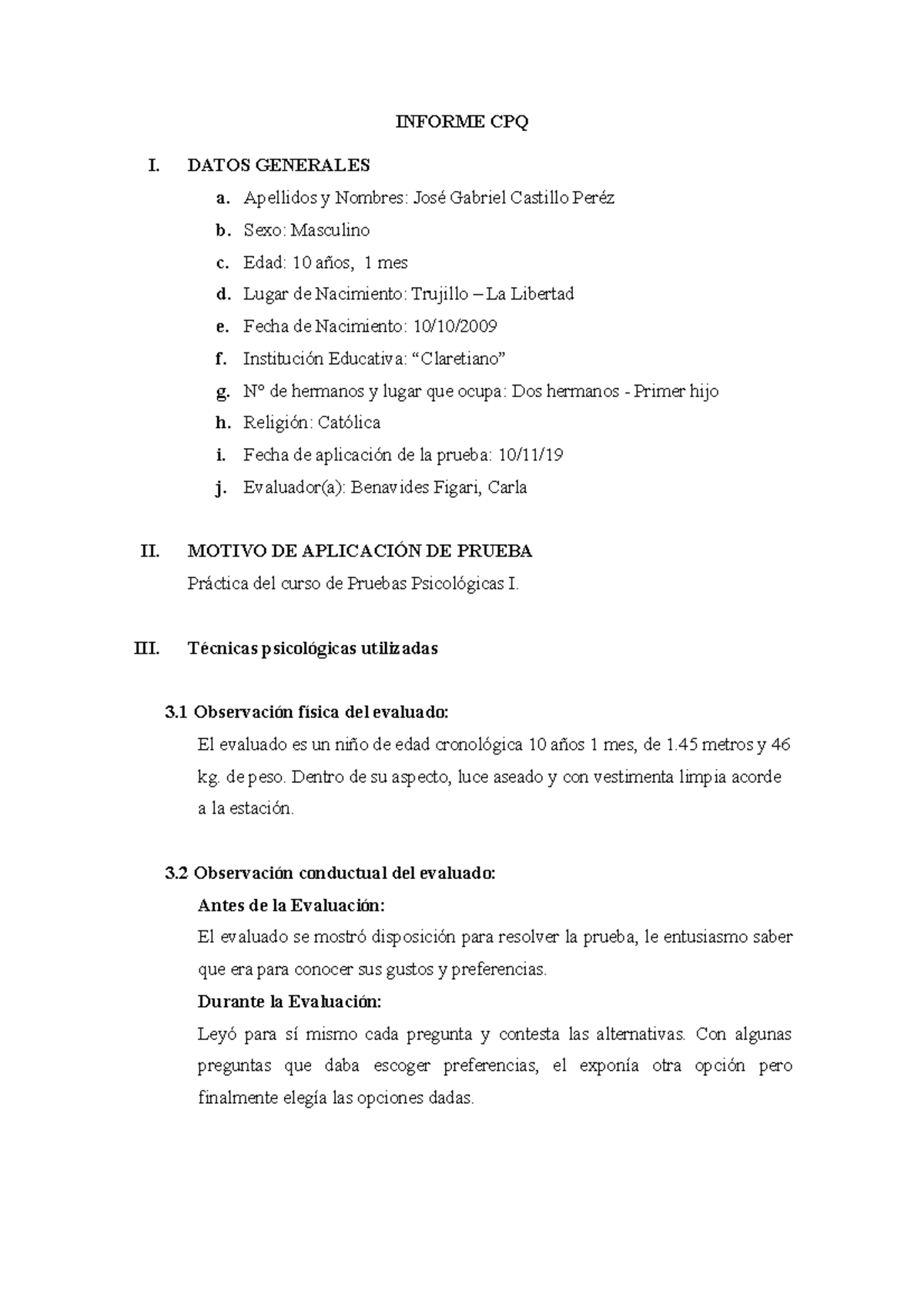 INFORME CPQ PARA ESTUDIANTES - INFORME CPQ I. DATOS GENERALES a ...