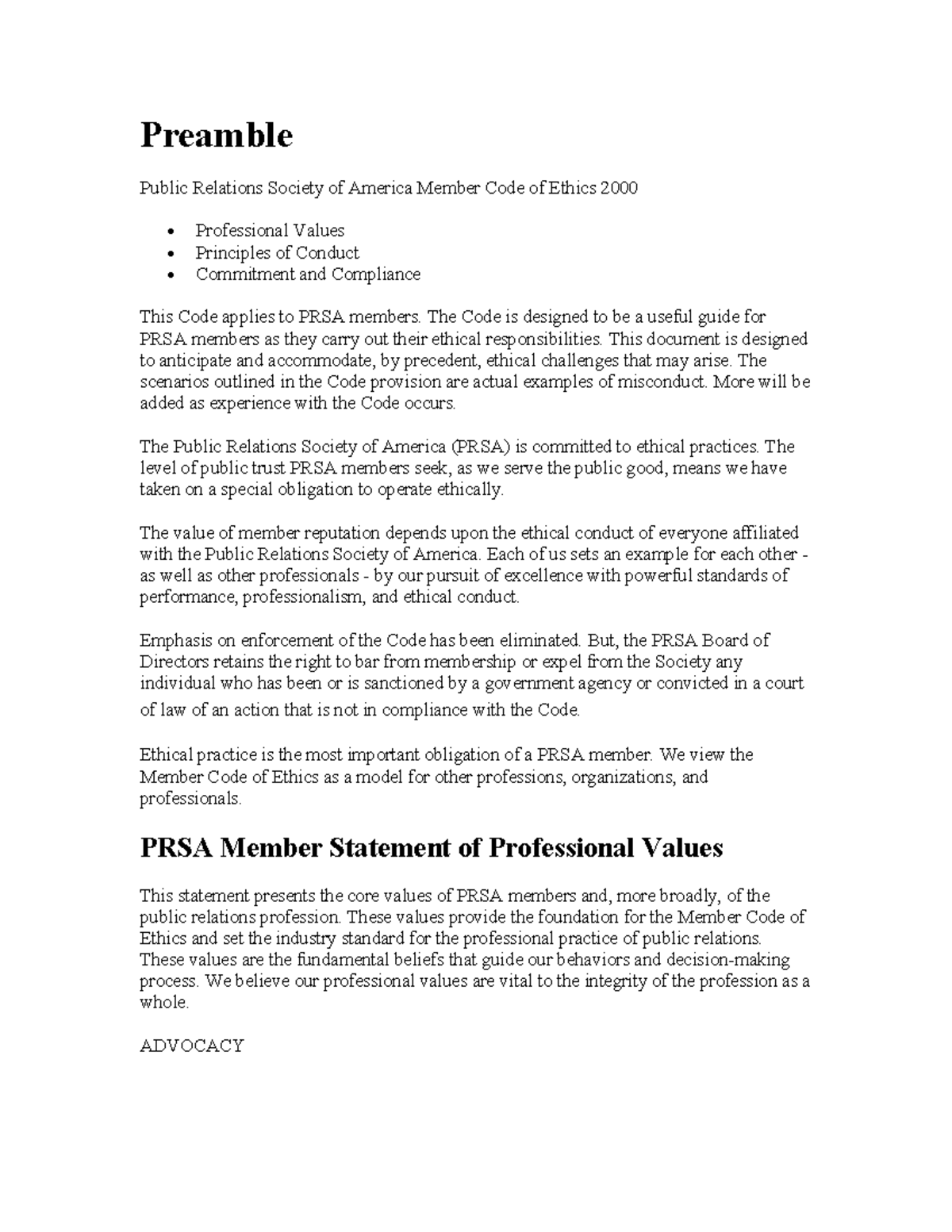 Código de ética - PRSA (inglés) - Preamble Public Relations Society of ...