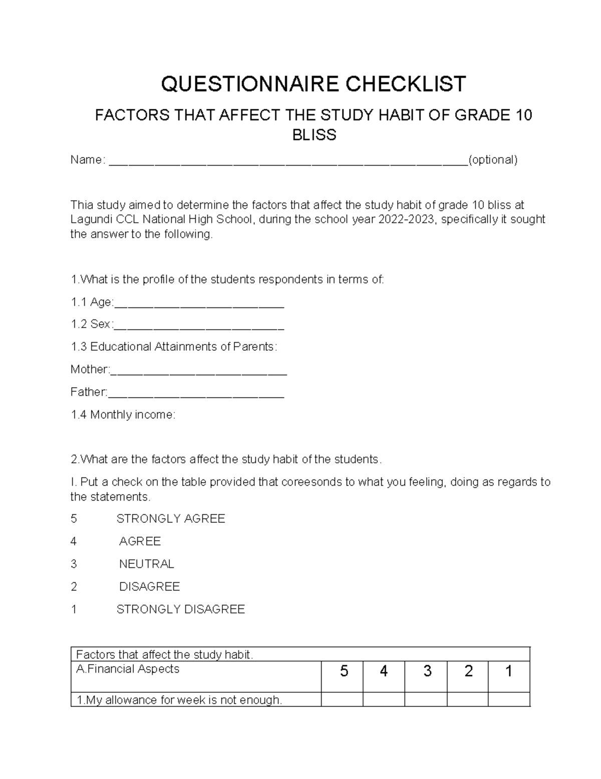 Questionnaire- Checklist - QUESTIONNAIRE CHECKLIST FACTORS THAT AFFECT ...