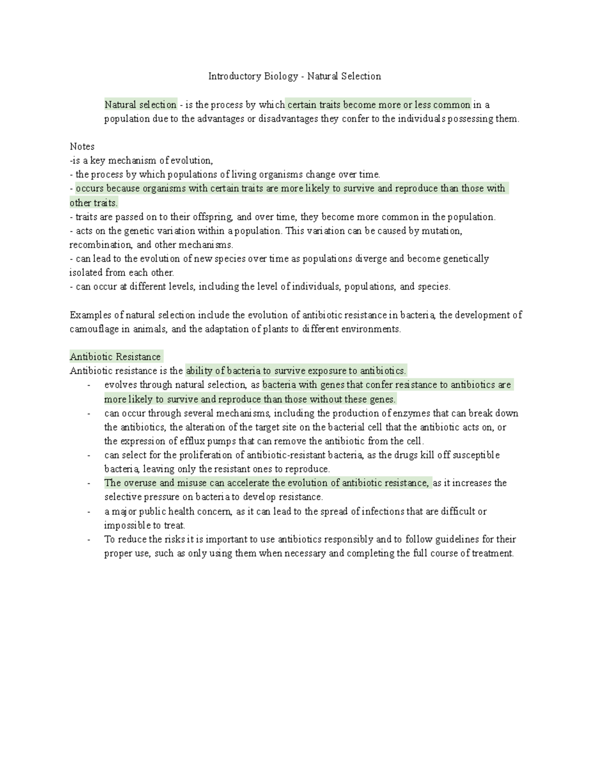 Introductory Biology Notes - Natural selection - Introductory Biology ...