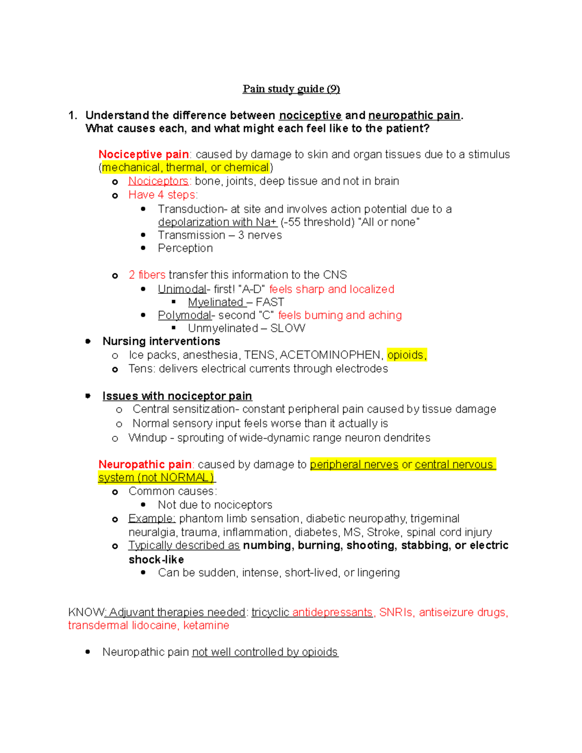Pain study guide - Notes - Pain study guide (9) 1. Understand the ...