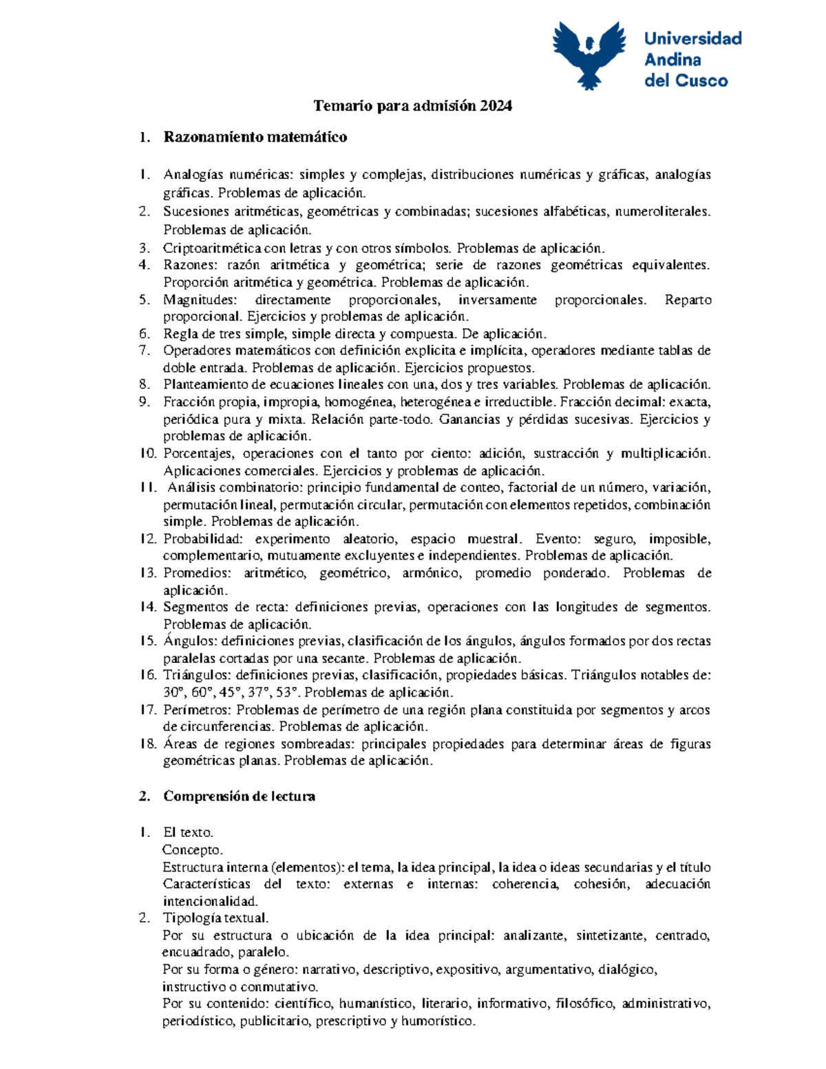 Temario-admision - Mamahuevosxdnt - Temario para admisión 2024 1. Razonamiento matemático ...