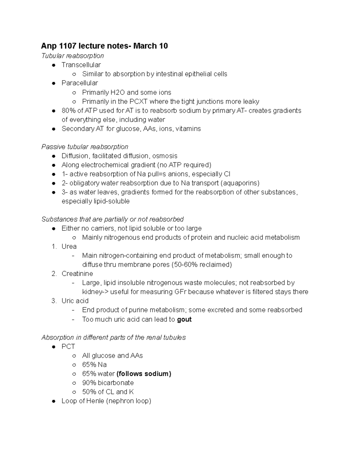 ANP 1107 renal system lecture notes - Anp 1107 lecture notes- March 10 ...