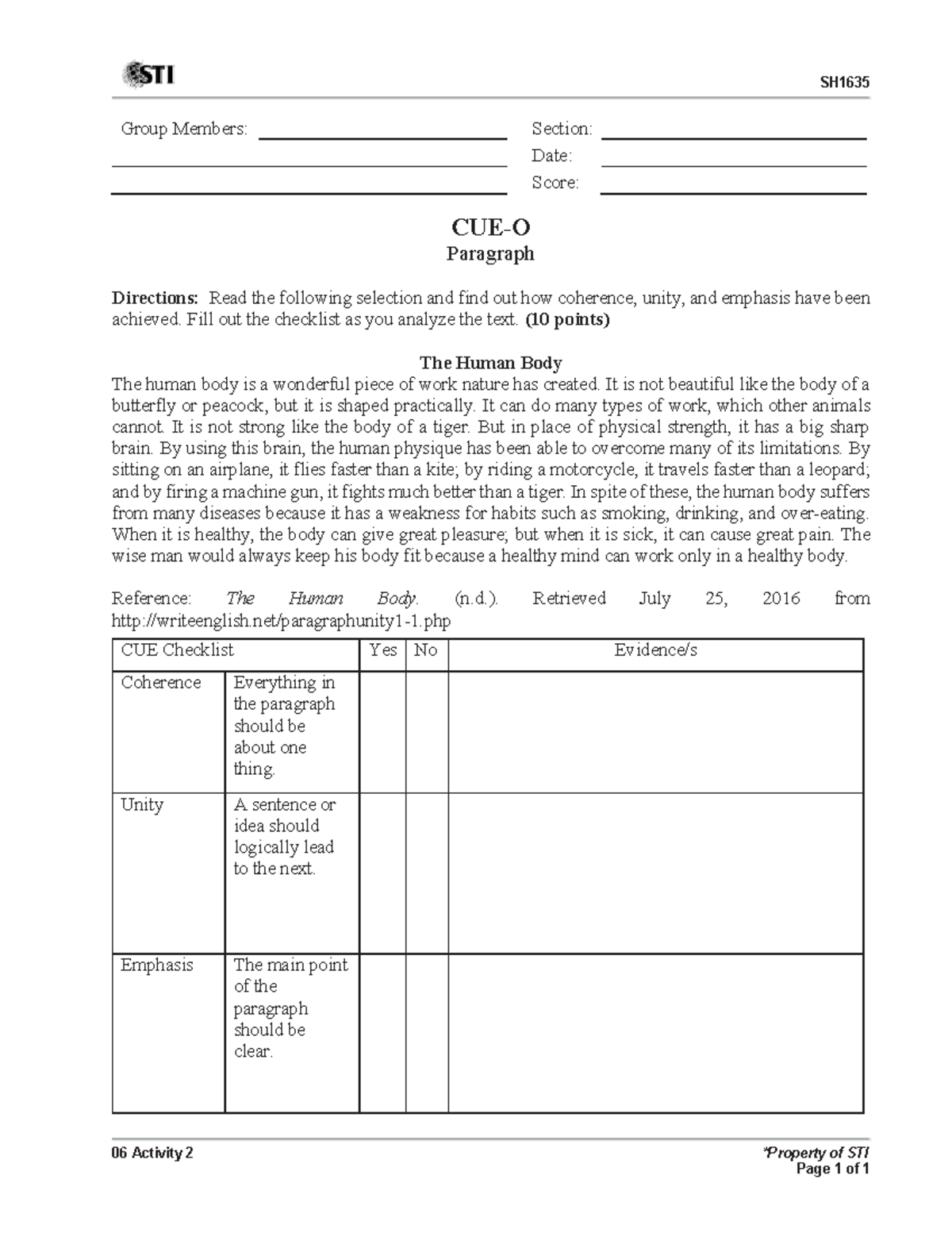 SH1635 Reading And Writing Skills 06 Activity 2 SH 06 Activity 2