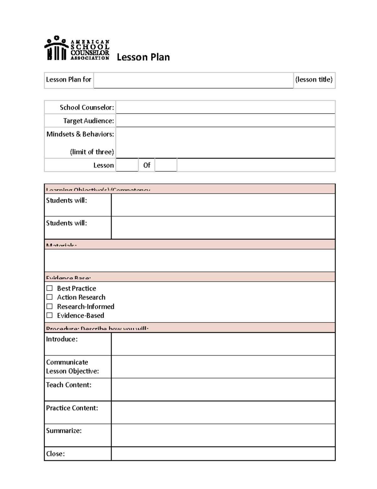 ASCA Lesson Plan - Lesson Plan Lesson Plan for (lesson title) School ...