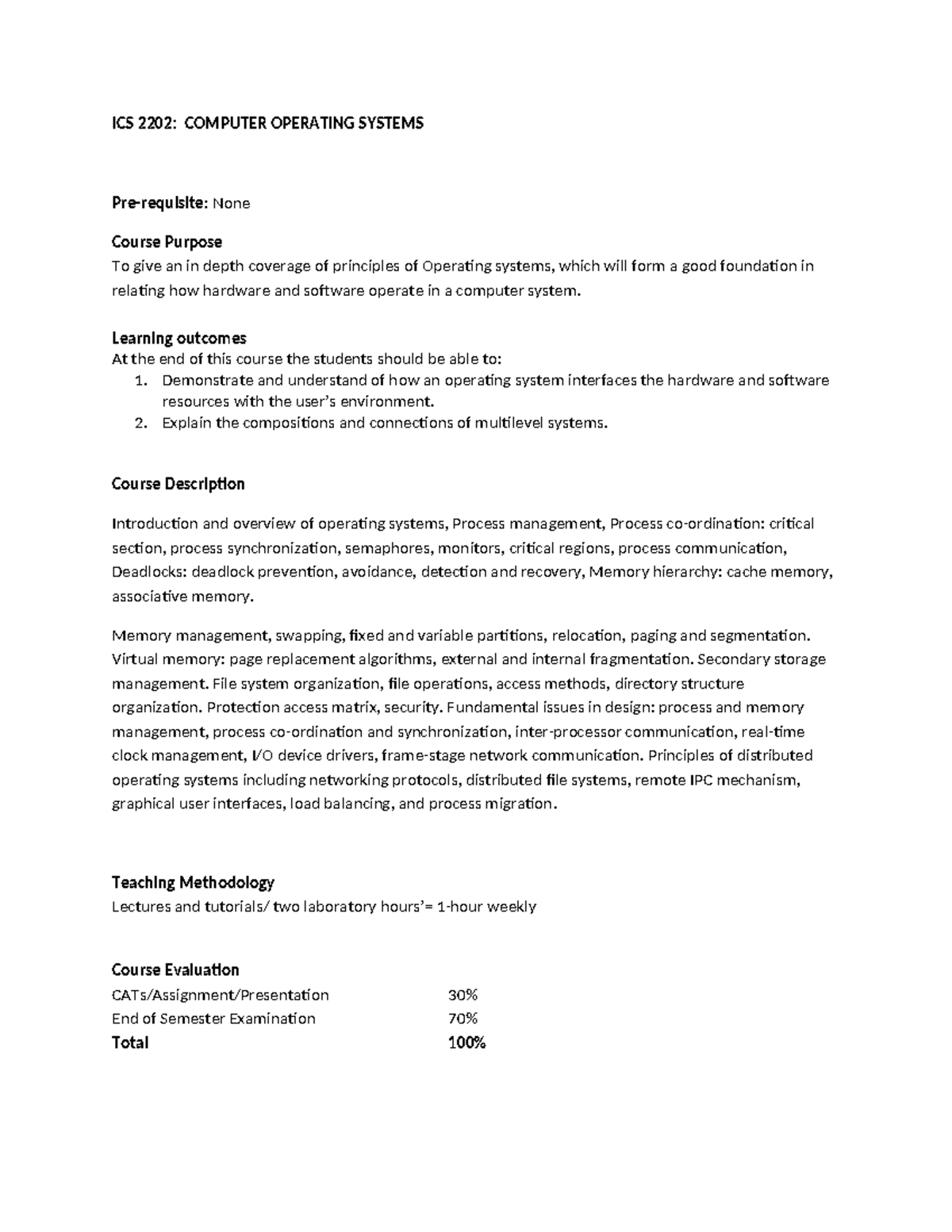 ICS 2202- Course Outline updated - ICS 2202: COMPUTER OPERATING SYSTEMS ...