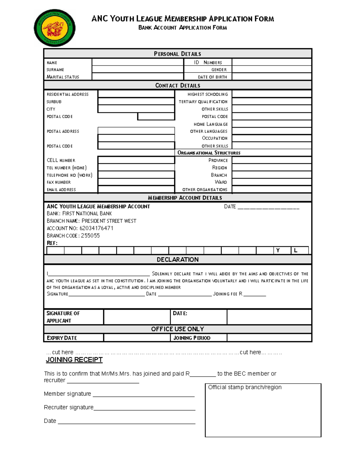 Anc membership 1 - ANC YOUTH LEAGUE MEMBERSHIP APPLICATION FORM BANK ...