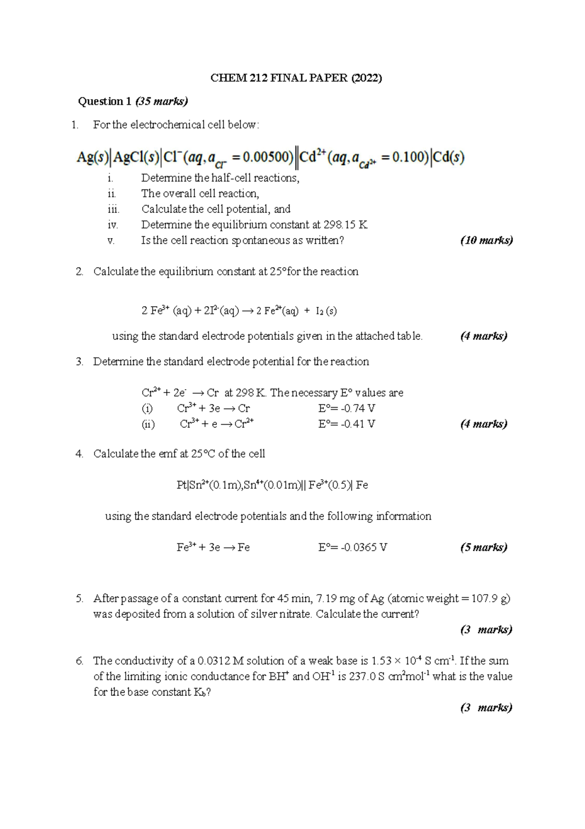 CHEM 212FP 2022 - This is a Physical chemistry question paper set at ...