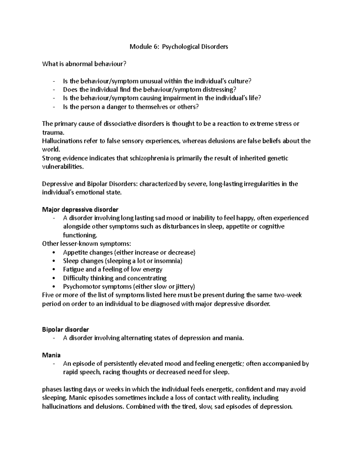 Module 6 - Psychological Disorders Notes - Module 6: Psychological ...