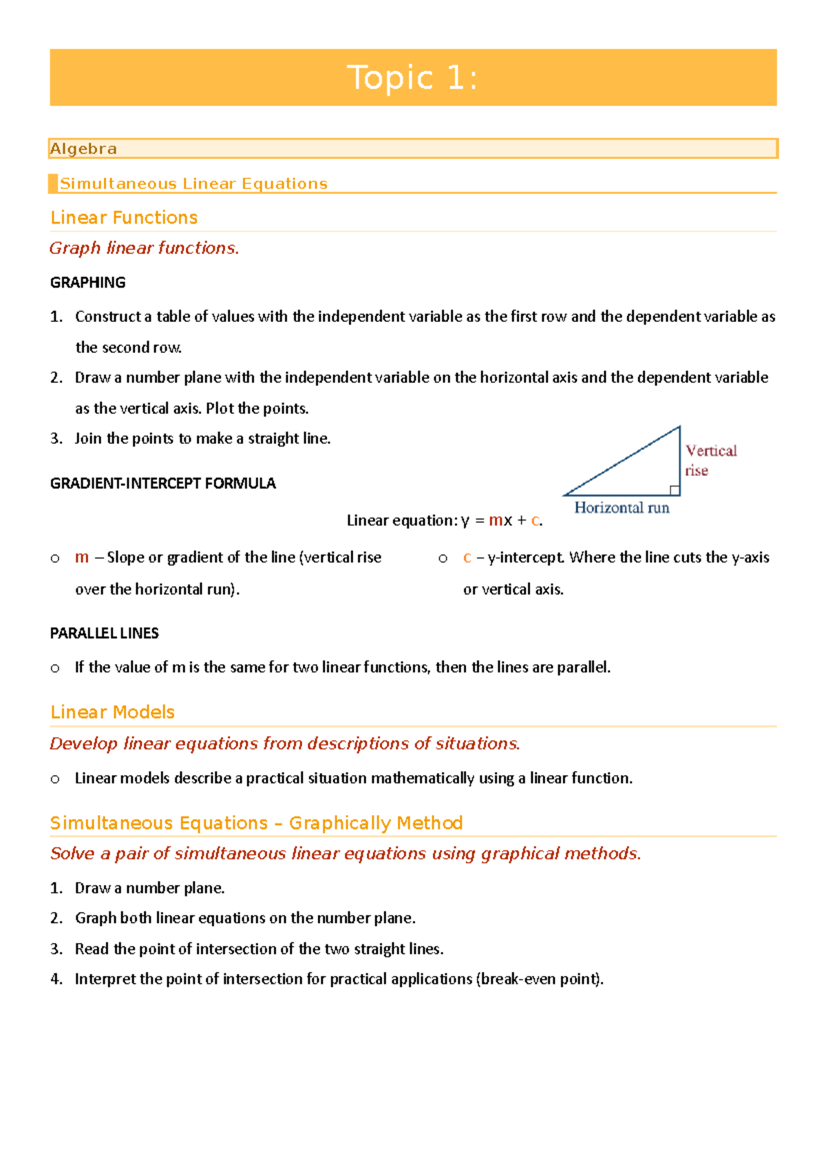 All Notes - Topic 1: Algebra Simultaneous Linear Equations Linear ...