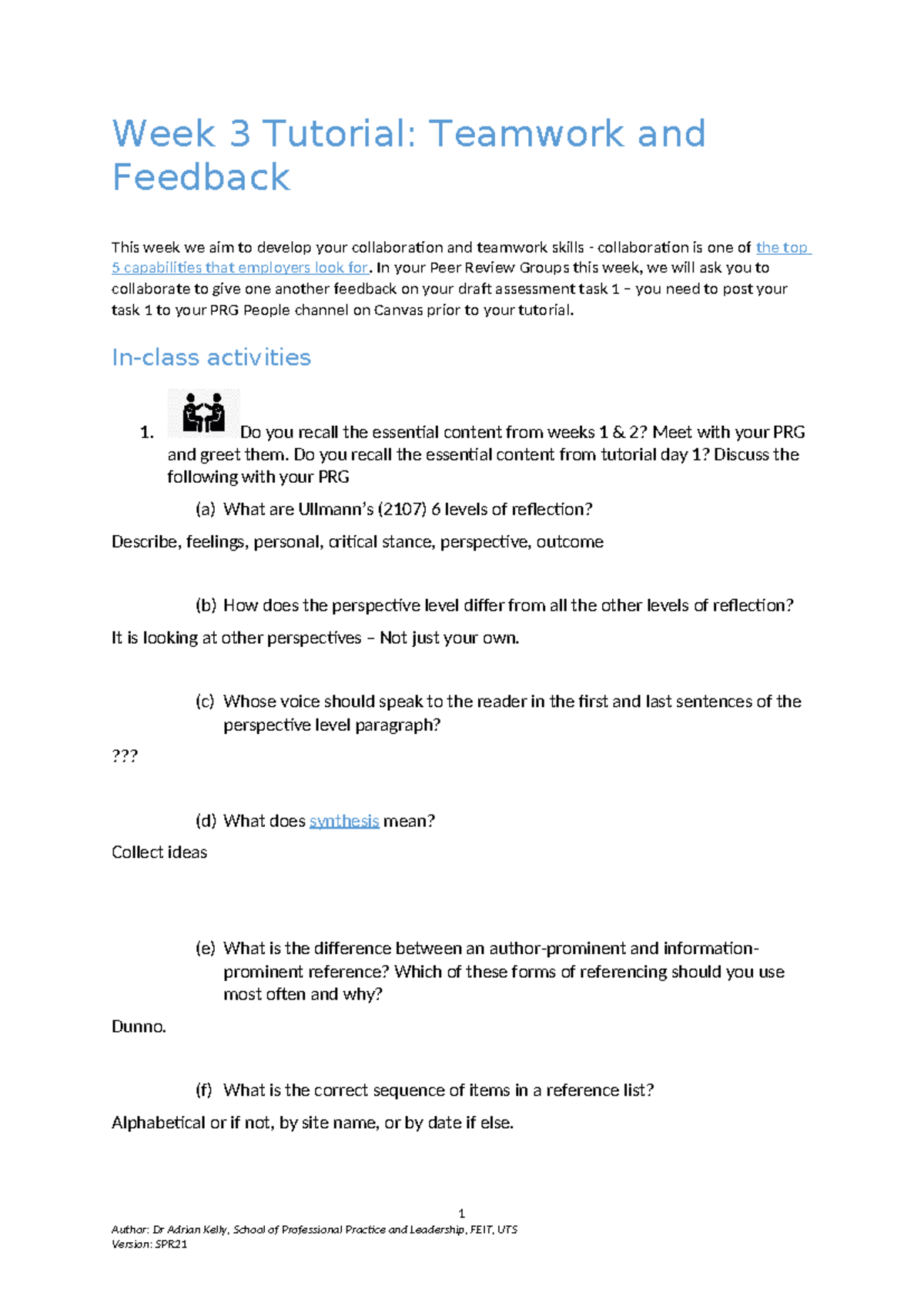 Week 3 Tutorial in class activities Teamwork and Feedback-3-1 - Week 3 Tutorial: Teamwork and ...