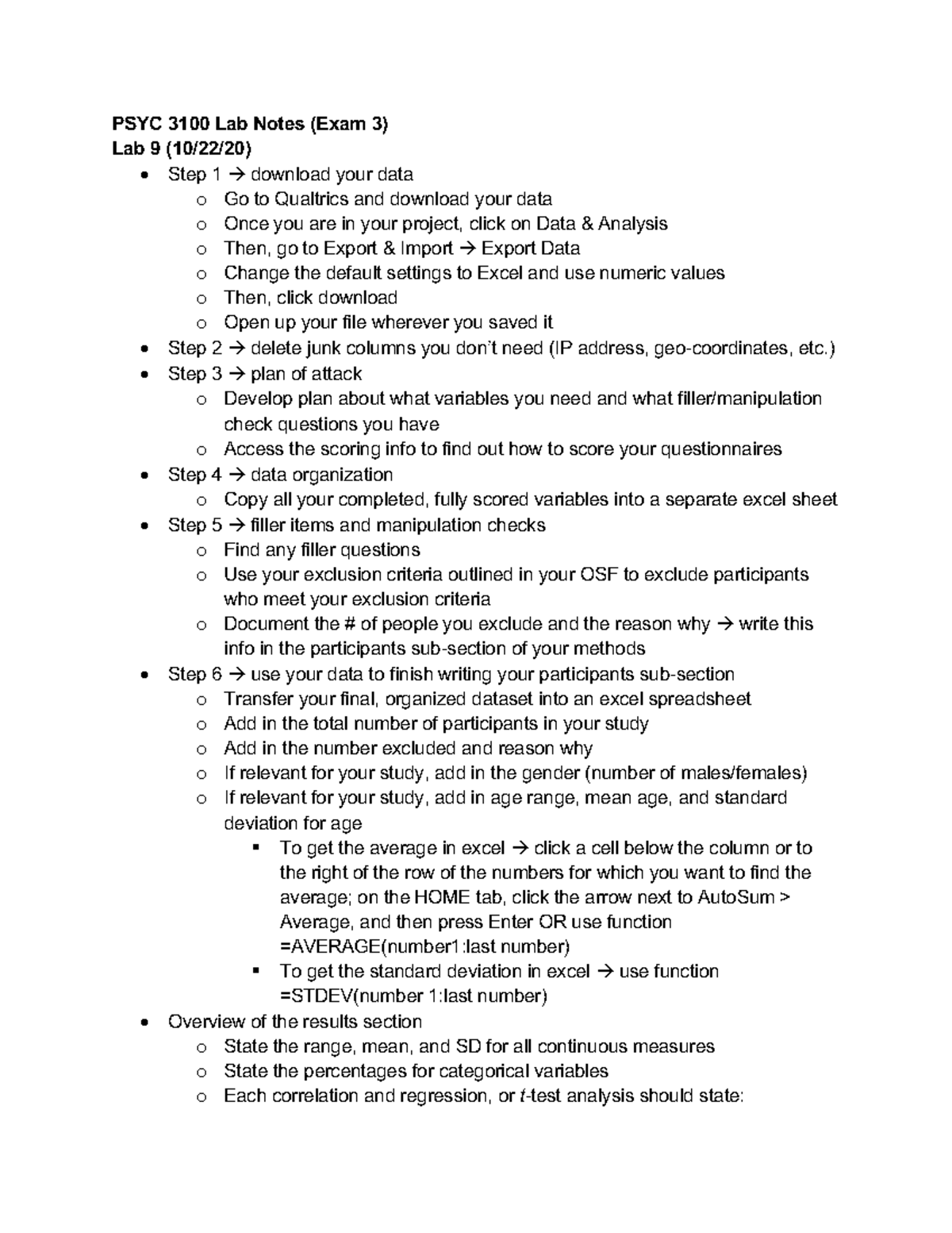 Exam 3 PSYC 3100 Lab Notes - PSYC 3100 Lab Notes (Exam 3) Lab 9 (10/22 ...