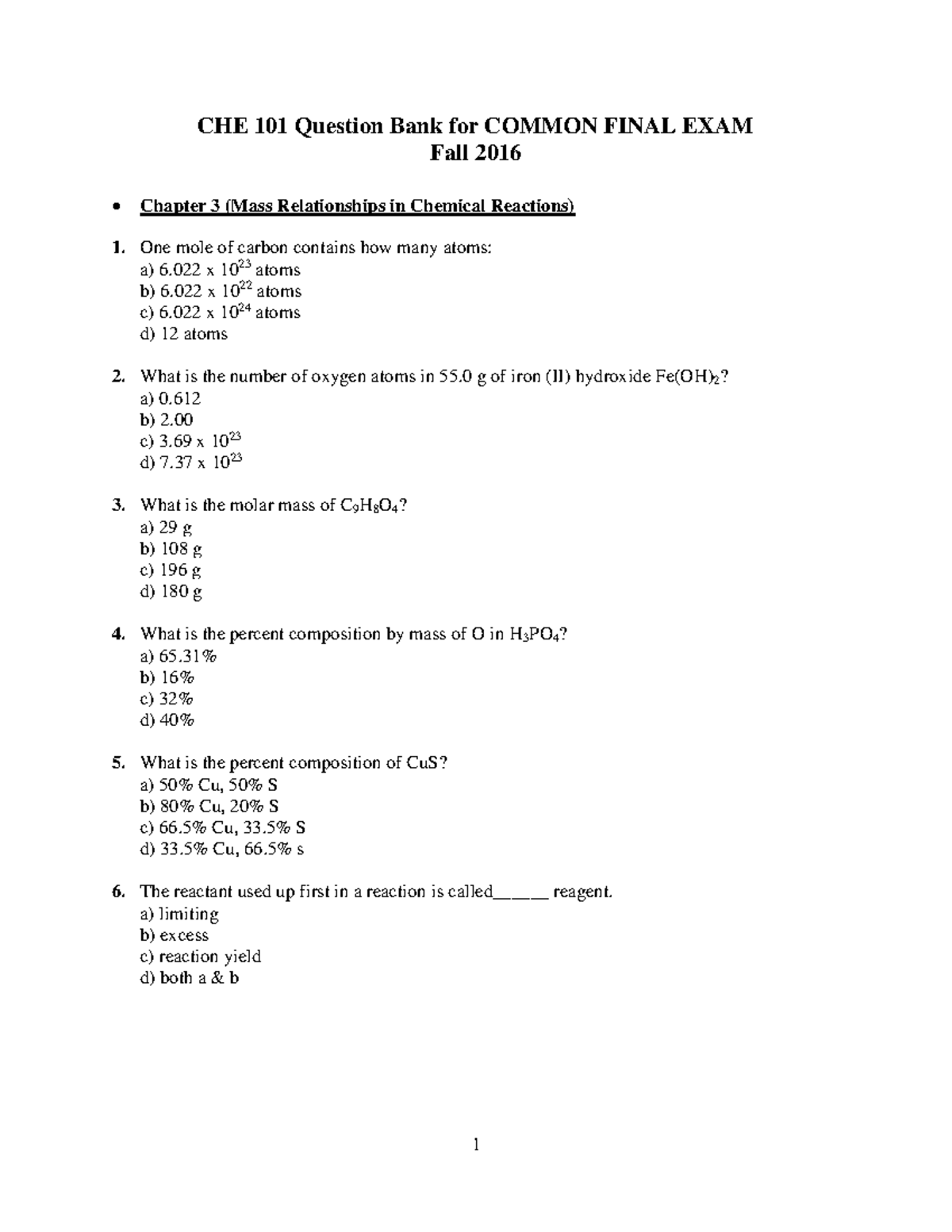 CHE 101 Final(MCQ) EXAM Question BANK - CHE 101 Question Bank for ...