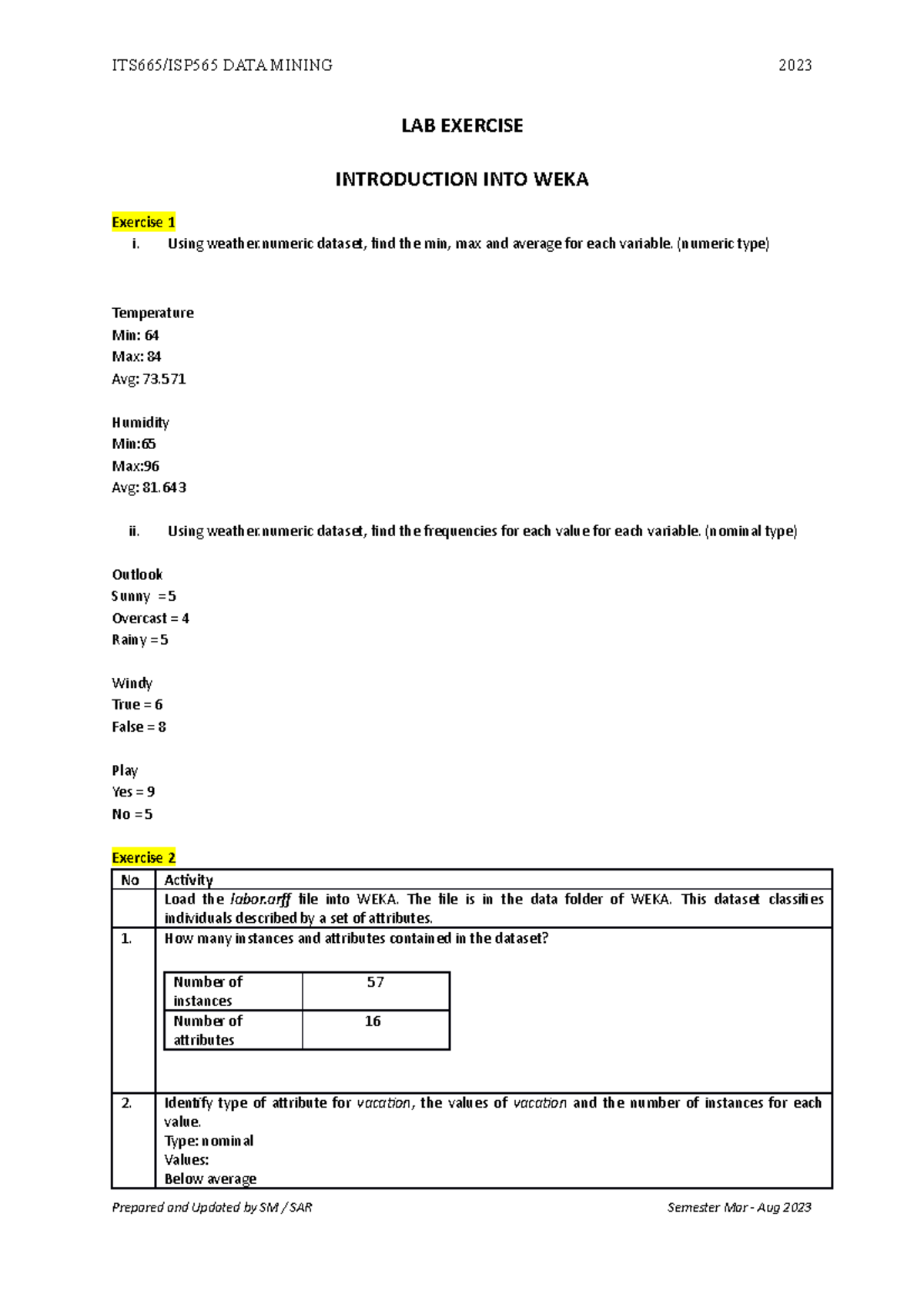 Week 2 Exercise Lab 1 - ITS665/ISP565 DATA MINING 2023 LAB EXERCISE INTRODUCTION INTO WEKA ...
