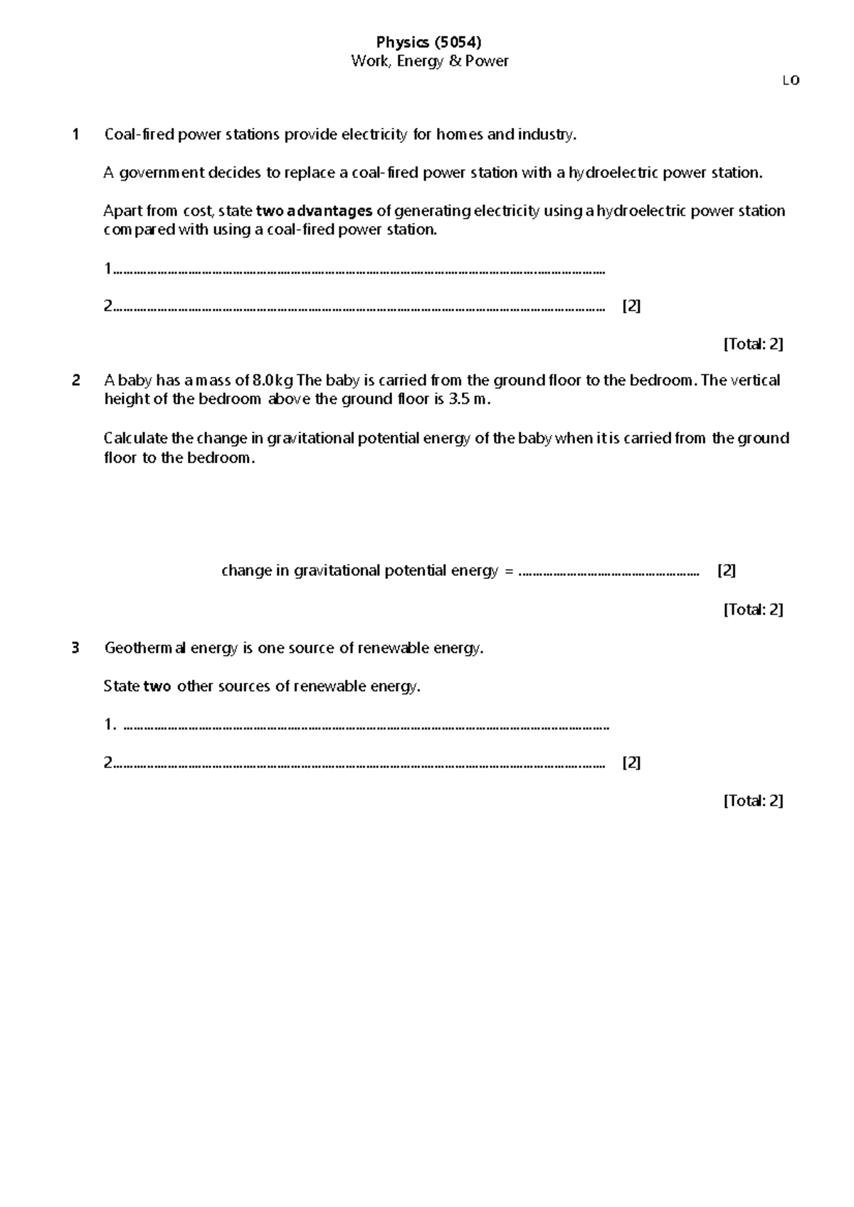Work Power Low order questions - Physics (5054) Work, Energy & Power LO ...