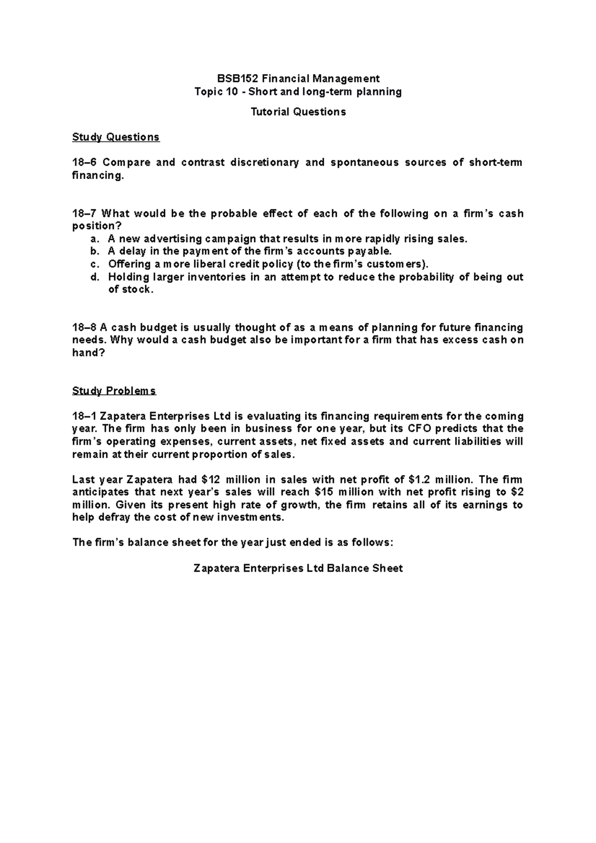 Tutorial 10 Questions - BSB123 - QUT - Studocu