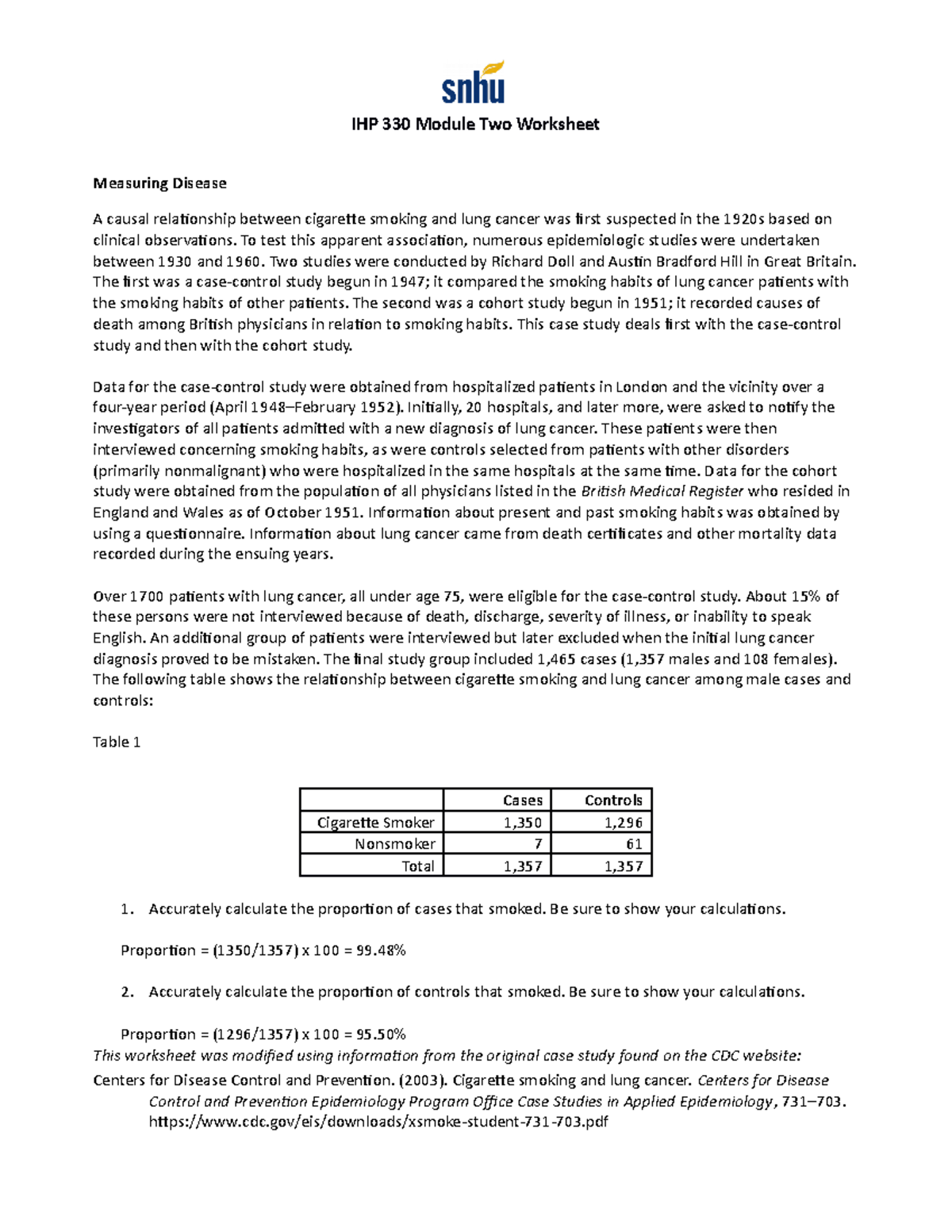 Module Two Worksheet - IHP 330 Module Two Worksheet Measuring Disease A ...