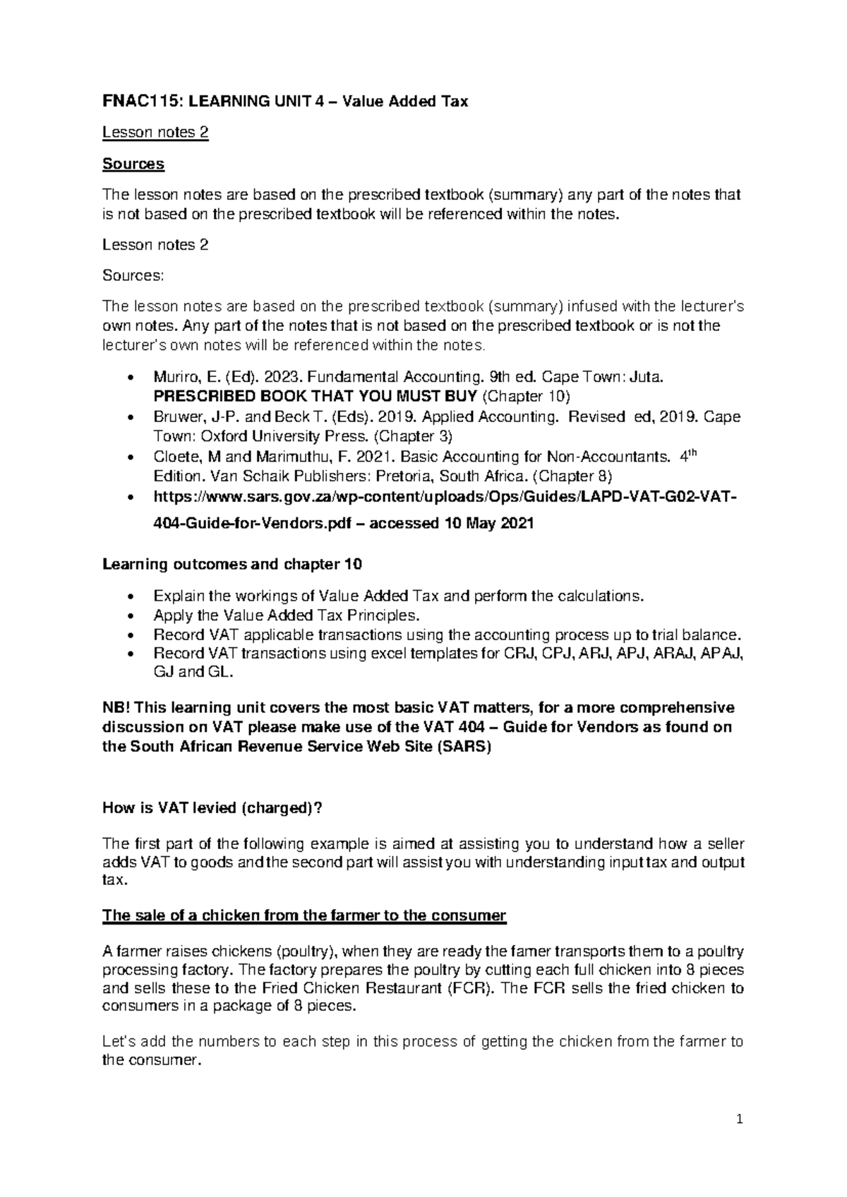 FNAC115 Unit 4 Lesson Notes 2 2024 - FNAC115: LEARNING UNIT 4 – Value ...