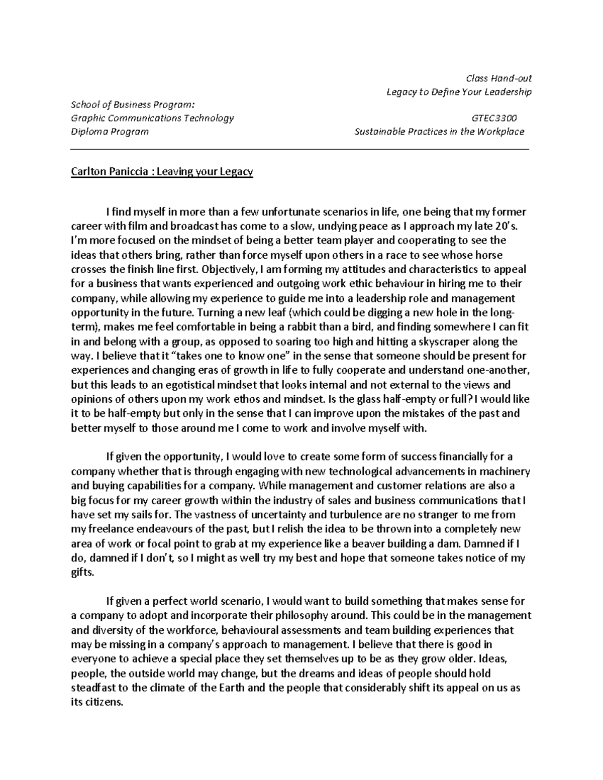 Legacy Assignment - Carlton P - Class Hand-out Legacy to Define Your ...